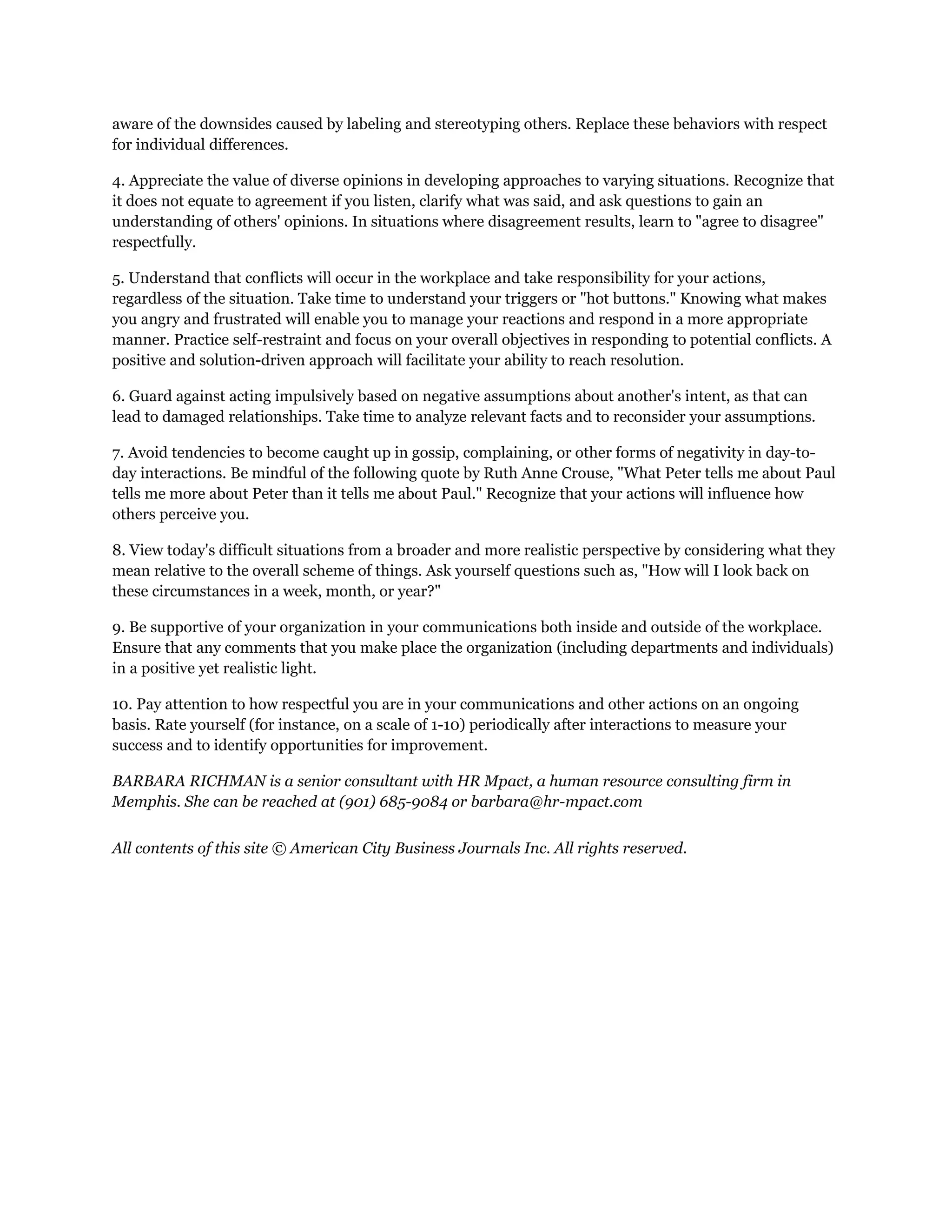 10 actions you can focus on to influence culture of respect, civility in your workplace | DOC