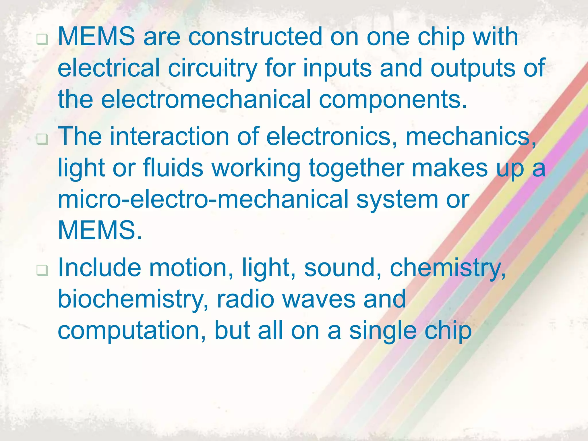 Microelectromechanical Devices And Applications of MEMs | PPTX