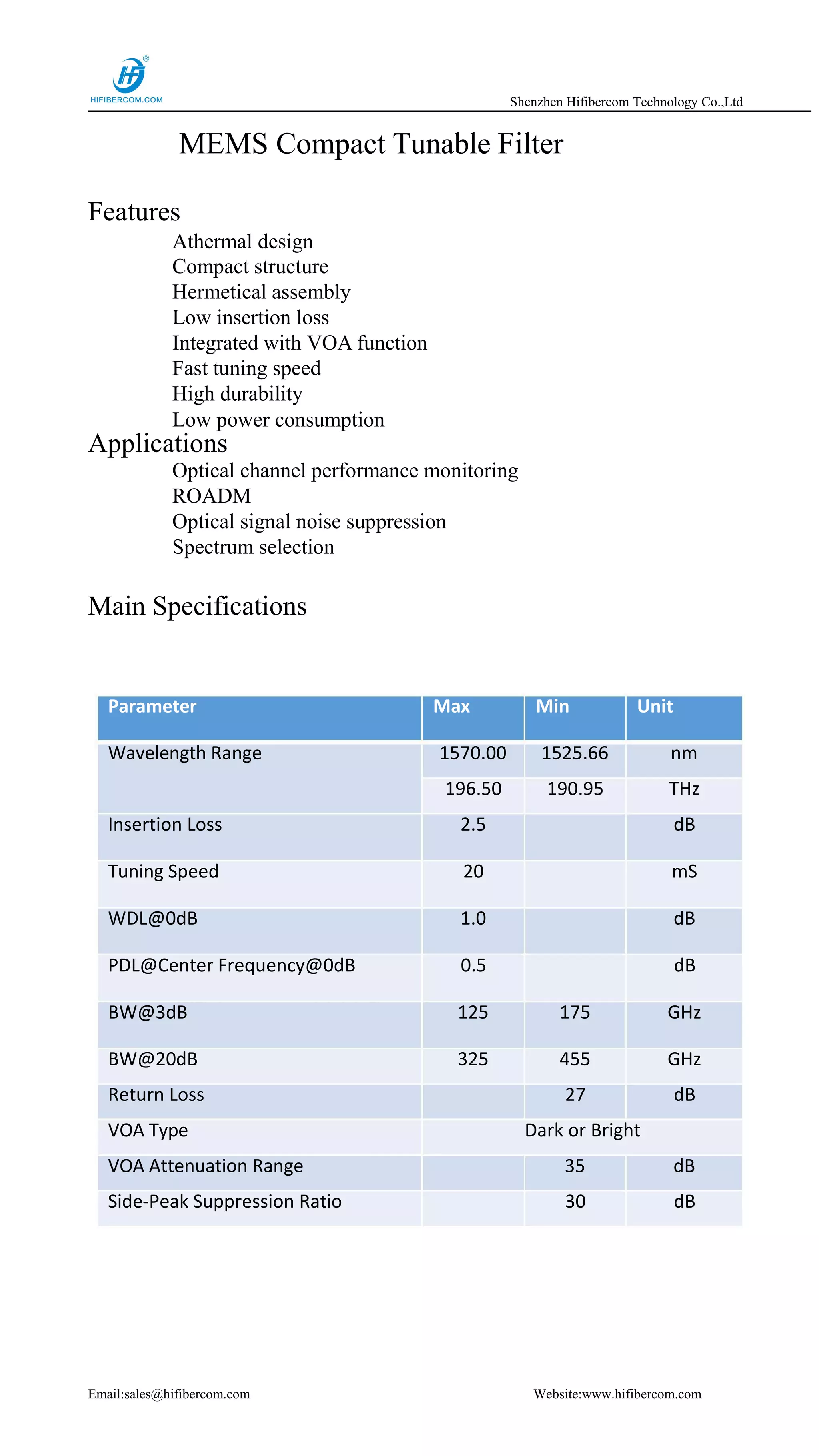 Shenzhen Hifibercom Technology Co.,Ltd Mems compact tunable filter | PDF
