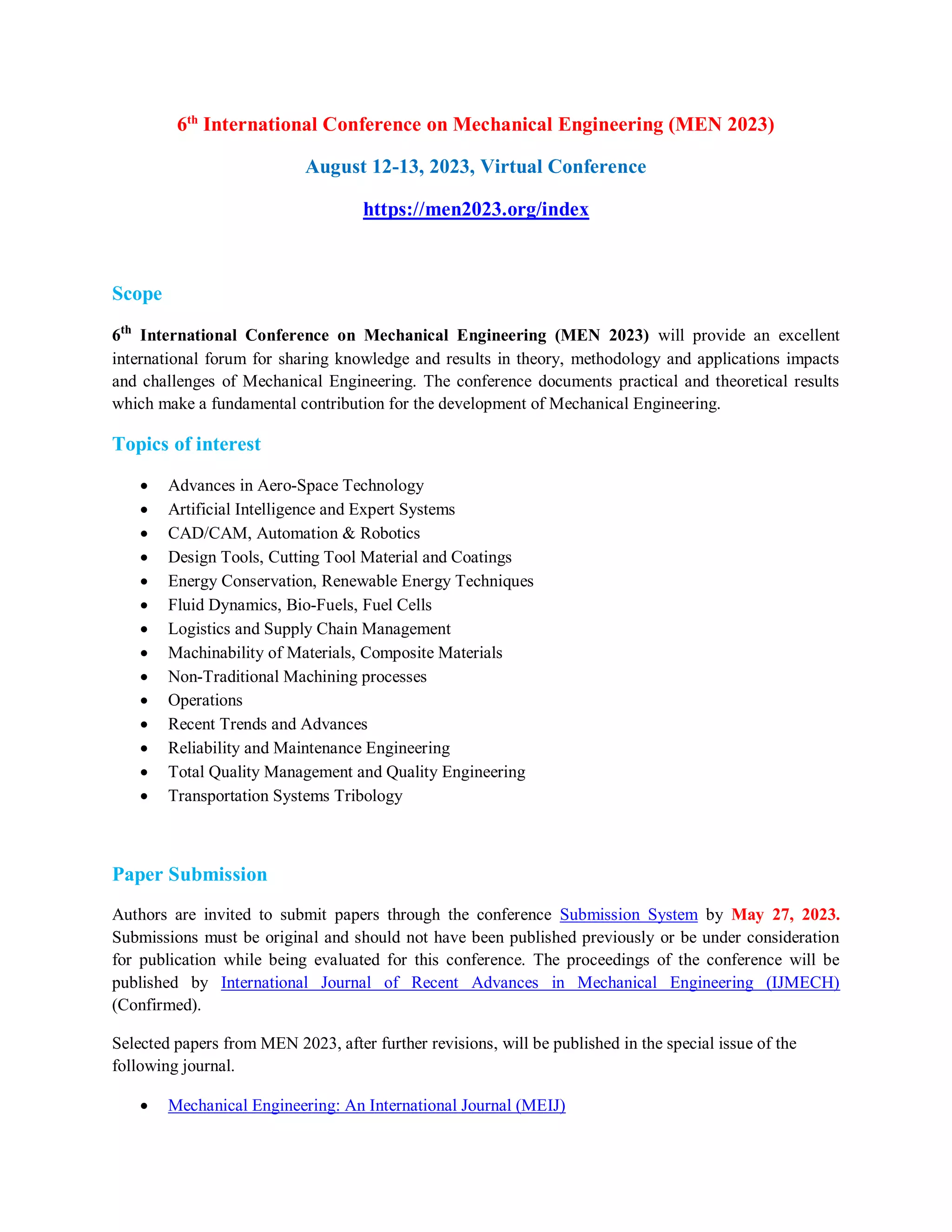 6th International Conference on Mechanical Engineering (MEN 2023) | PDF