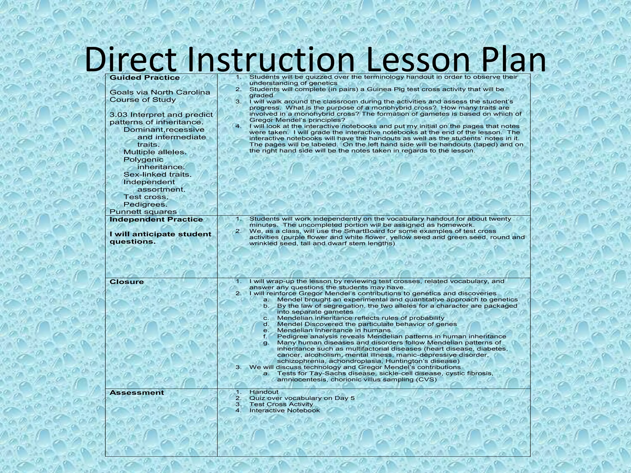 Mendelian genetics read5255 direct instruction lesson plan | PPTX