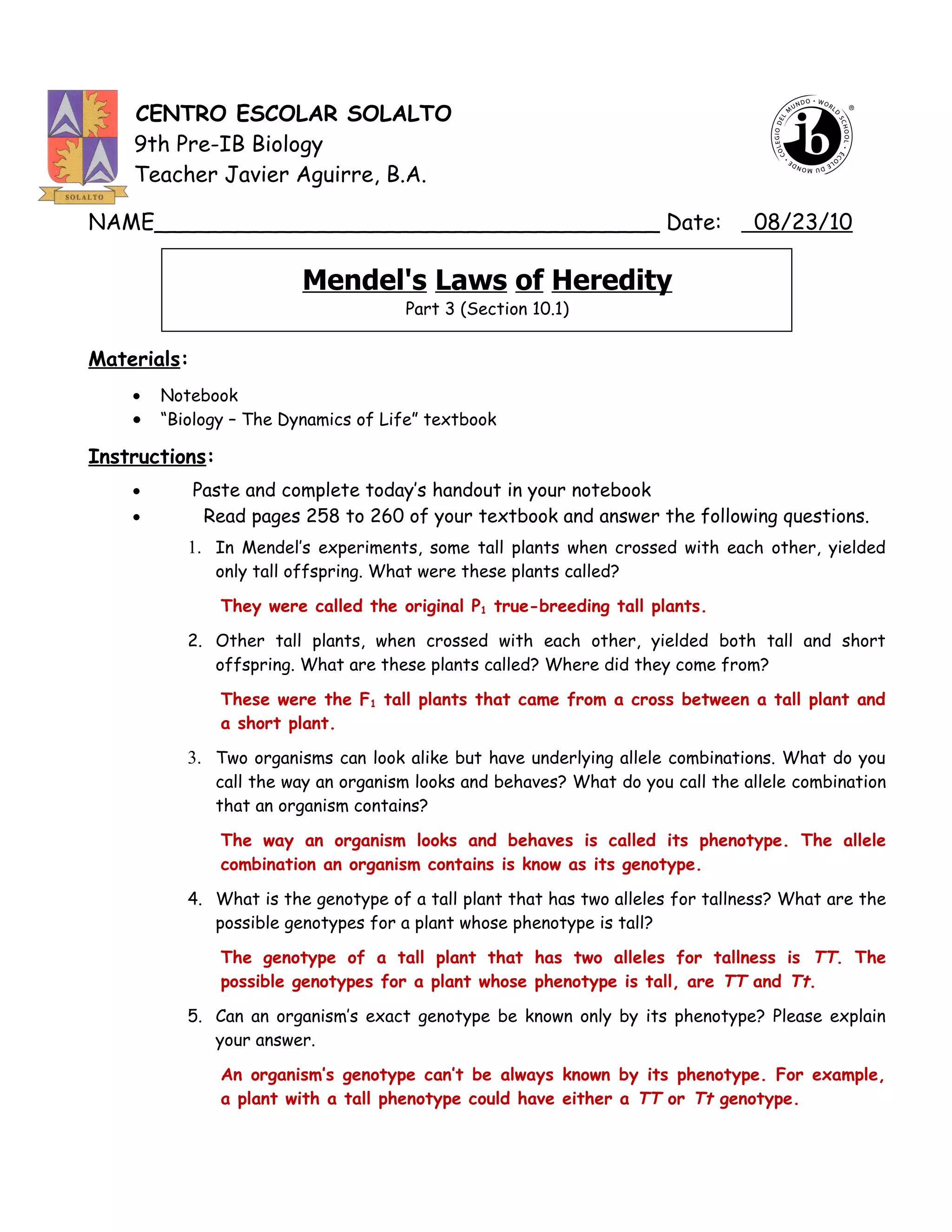 Mendel's laws of heredity part 3 (pp.258-259)-answer key | DOC