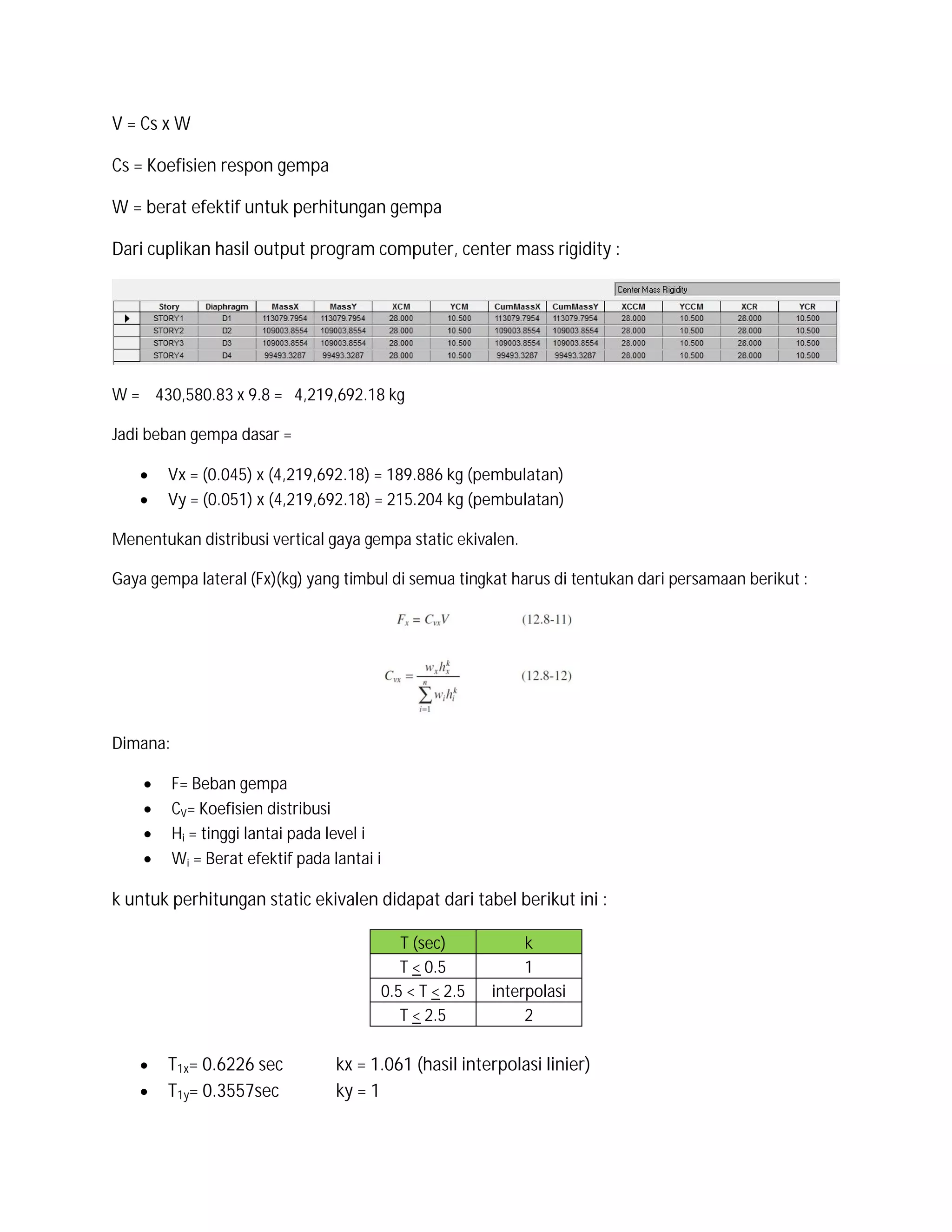 Menentukan beban seismik dasar & distribusi vertikal gaya gempa rsni 03 2847 20 xx & asce 7 10 ...