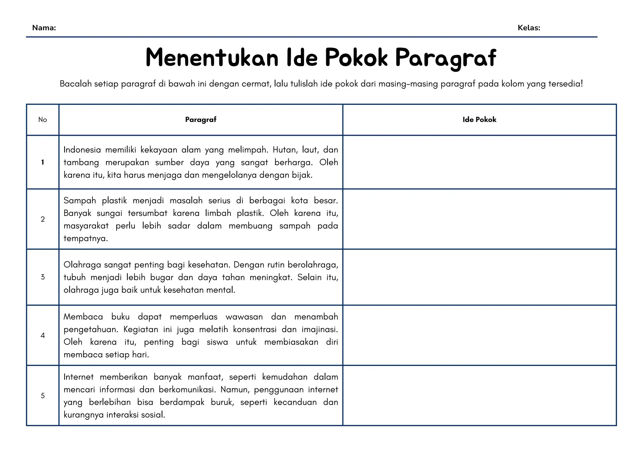 Bahsa Indonesia-Ide Pokok Paragraf Kelas 5 SD | PDF