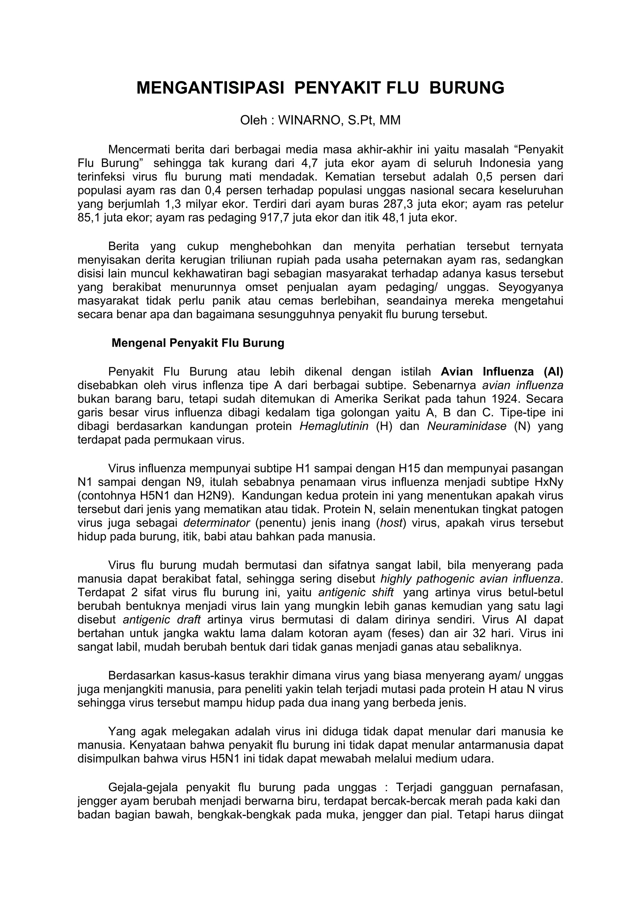 MENGANTISIPASI FLU BURUNG (AVIAN INFLUENZA) by : Winarno | PDF