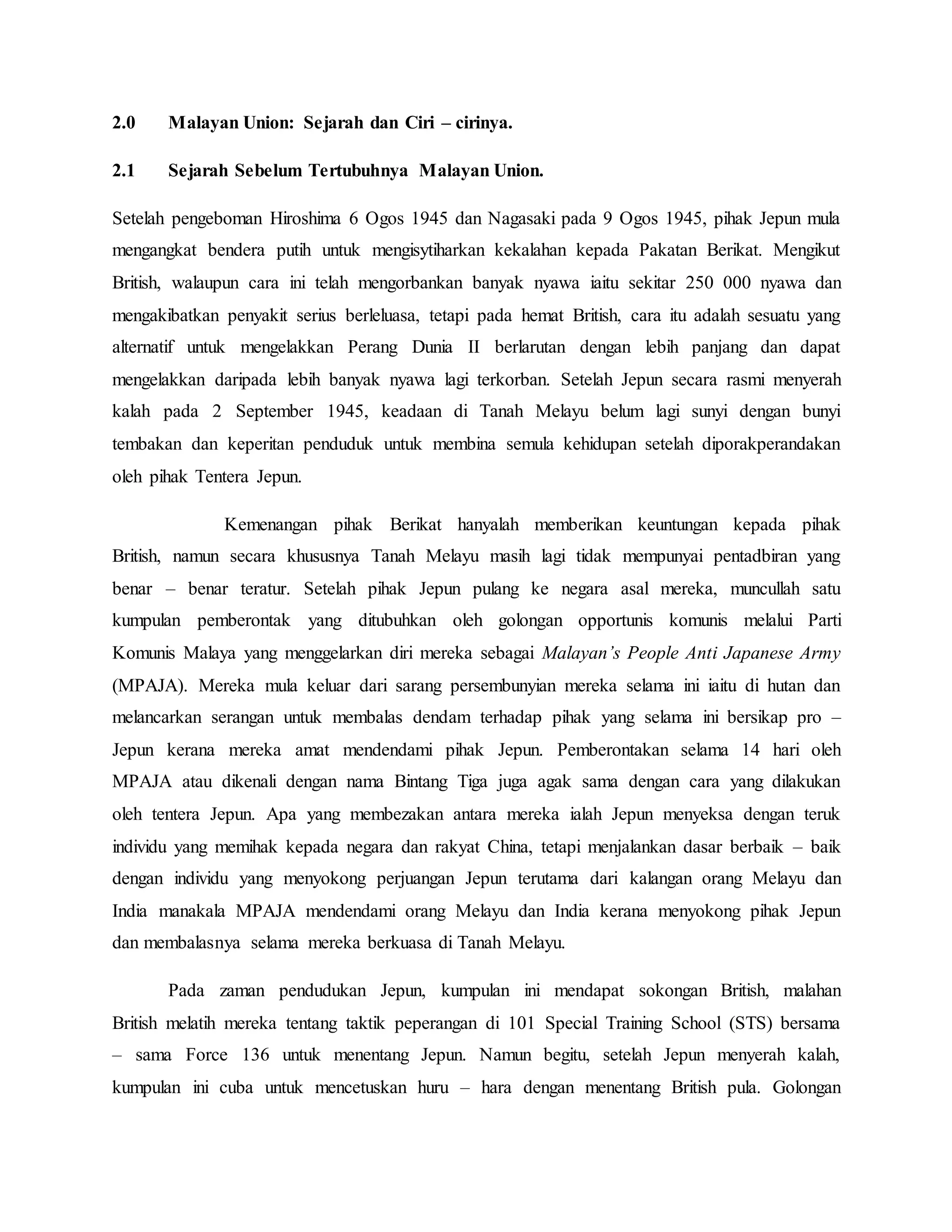 Mengapakah orang melayu menentang malayan union | DOCX