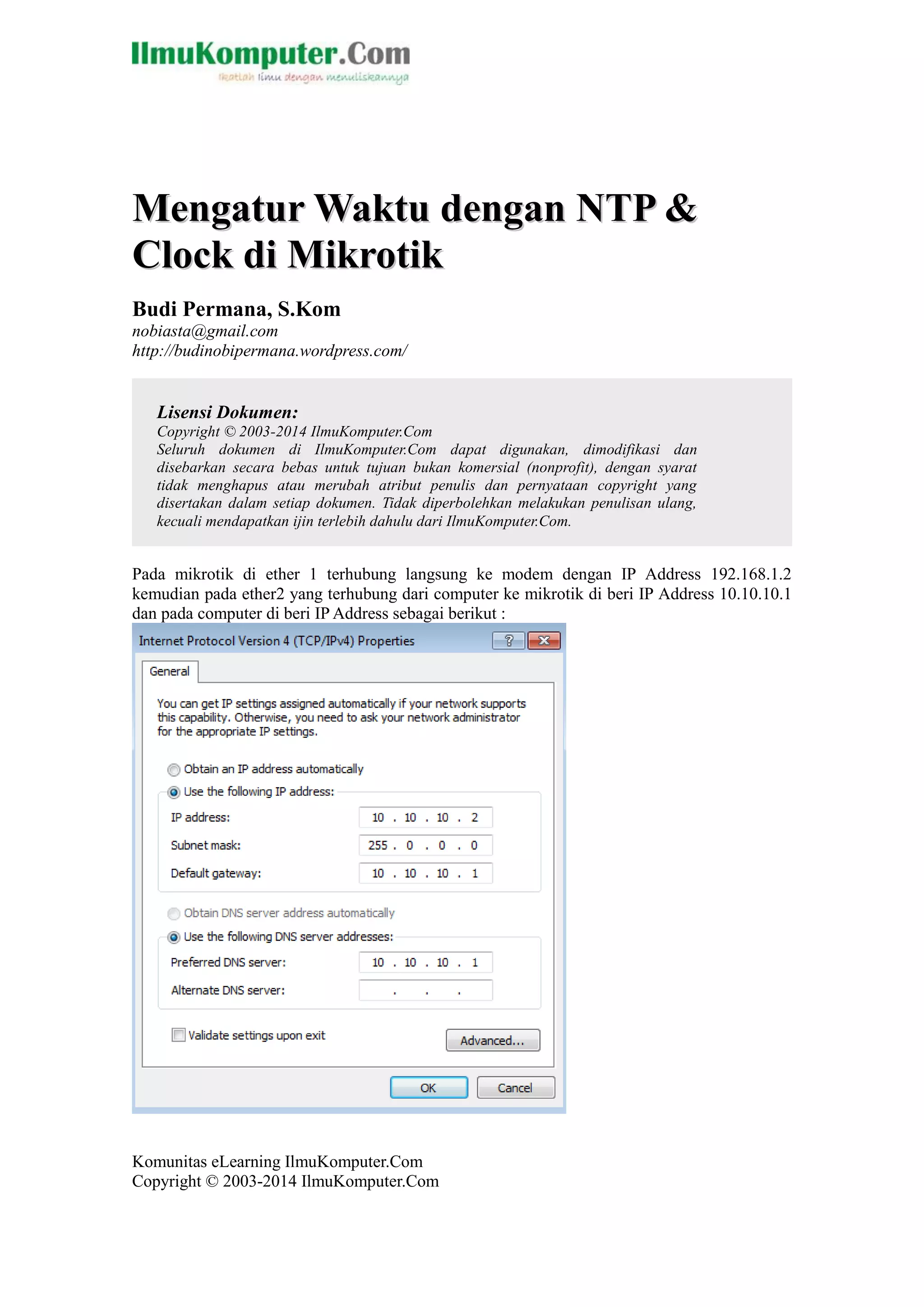 Mengatur waktu dengan ntp & clock di mikrotik | PDF