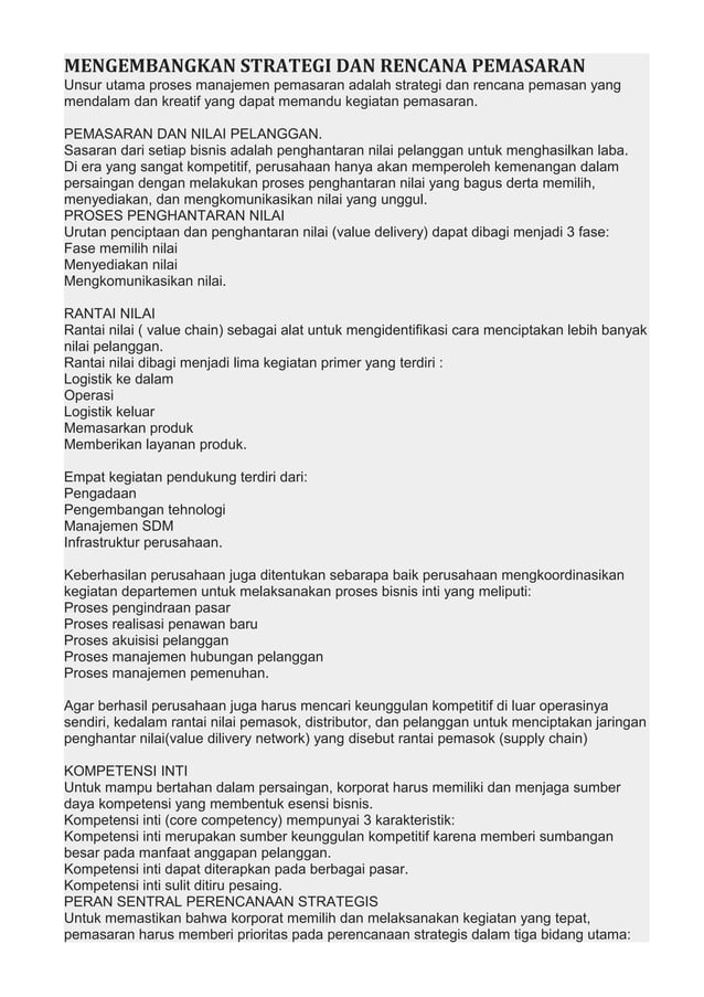 Mengembangkan strategi dan rencana pemasaran | DOC
