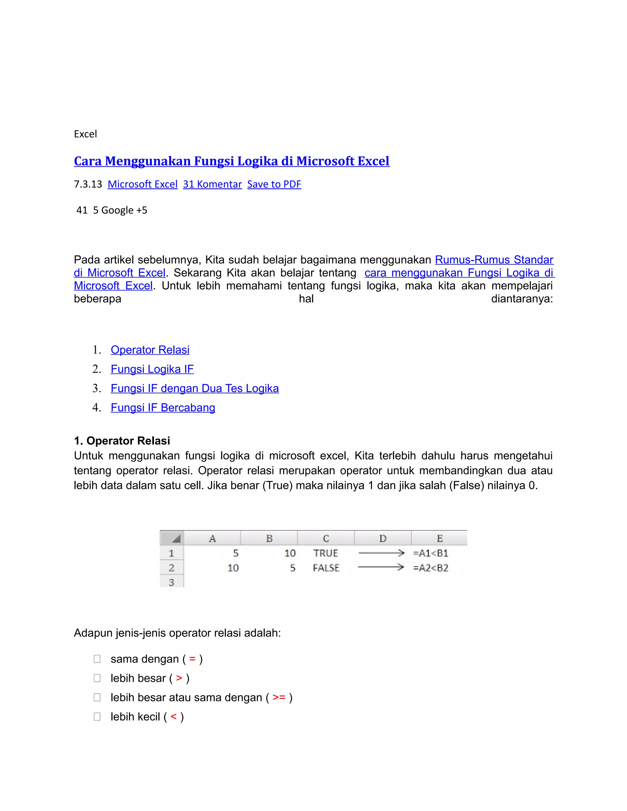 Mengenal fungsi if dan logika pada excel | RTF