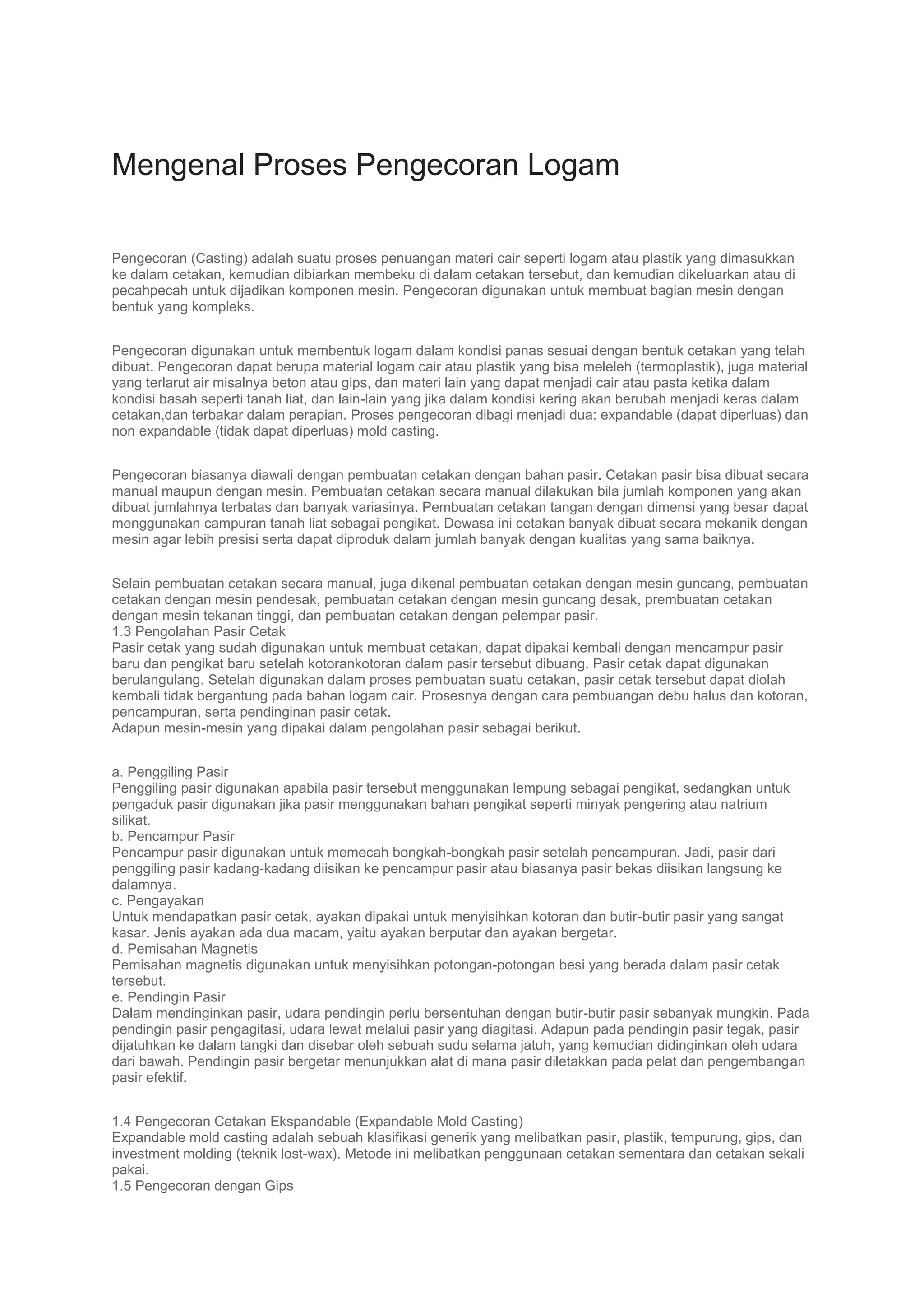 Mengenal proses pengecoran logam | DOCX