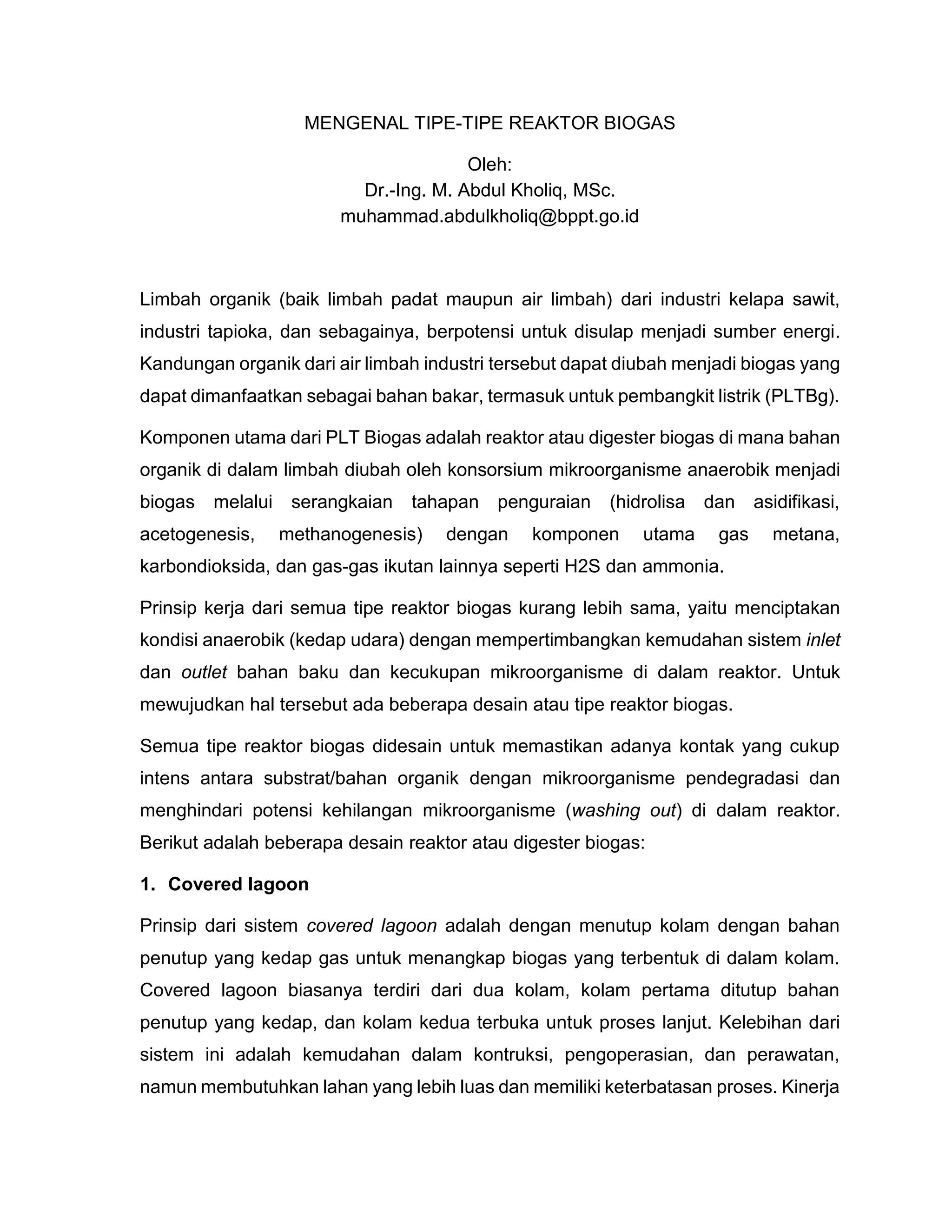 Mengenal Tipe-Tipe Reaktor Biogas | PDF