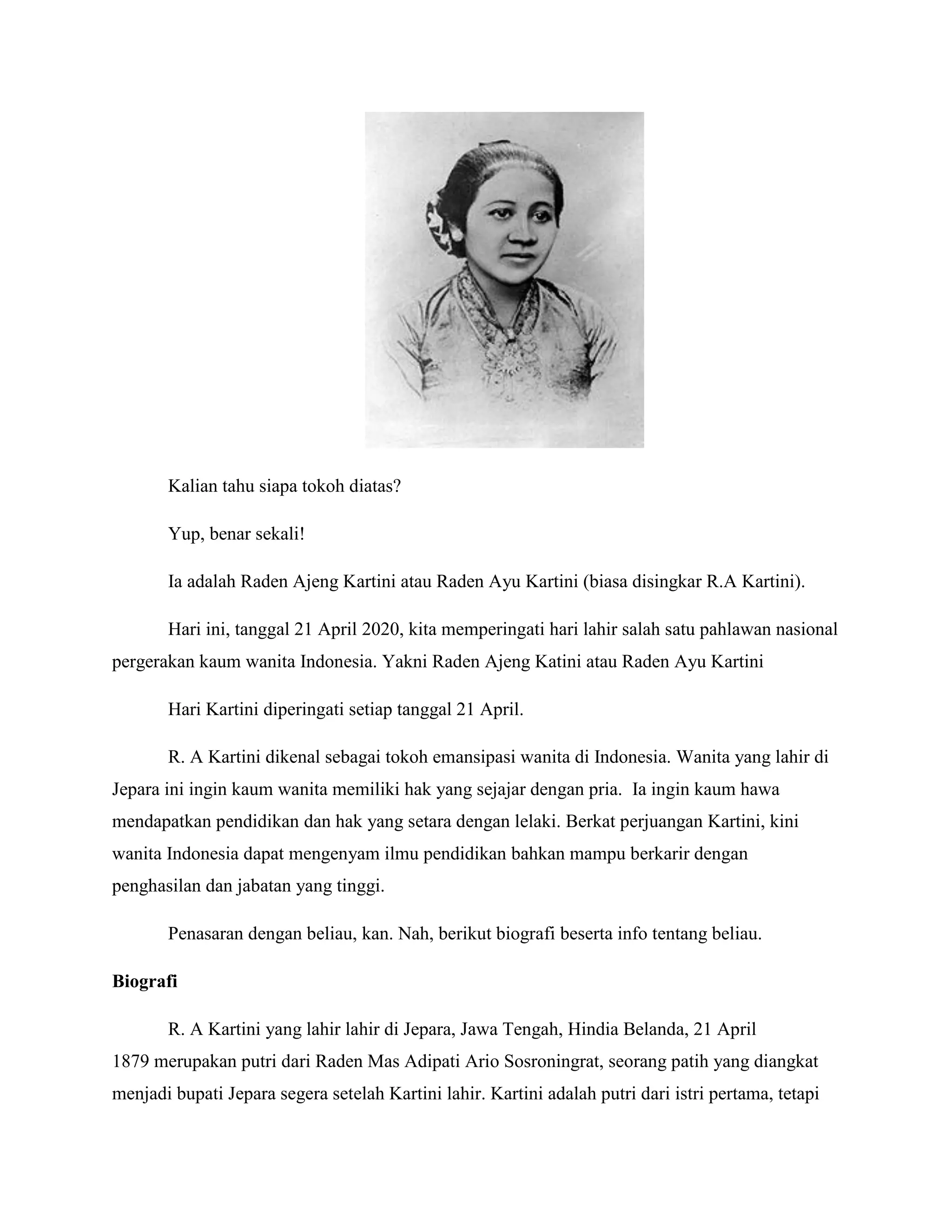 Mengenang Raden Ayu Kartini, Salah Satu Pelopor Emansipasi Kaum Wanita Indonesia | PDF