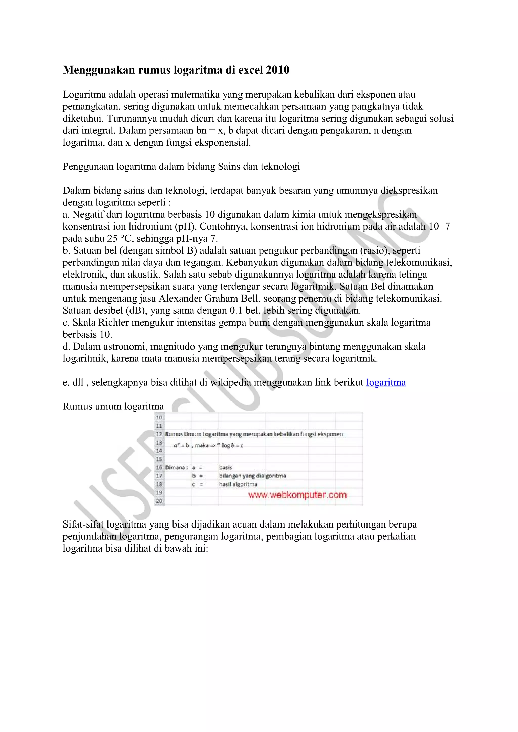 Menggunakan rumus logaritma di excel 2010 | PDF