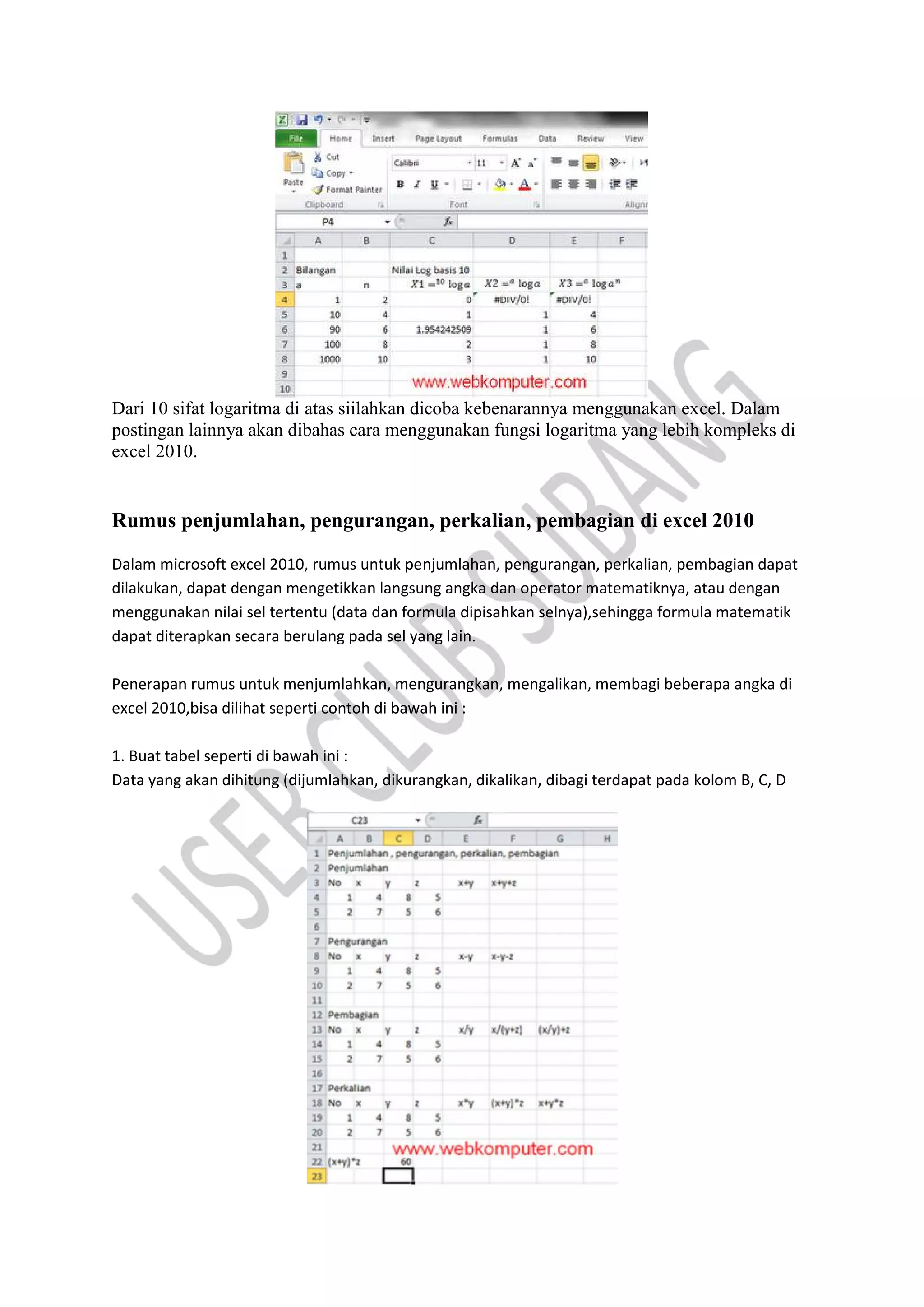 Menggunakan rumus logaritma di excel 2010 | PDF