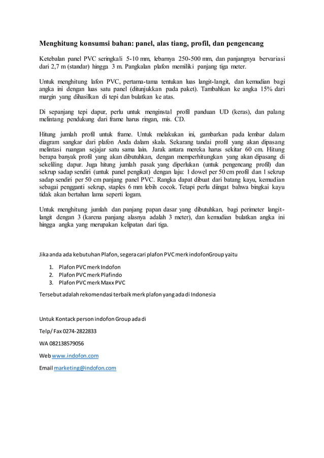 Menghitung konsumsi bahan pemasangan plafon pvc | DOCX