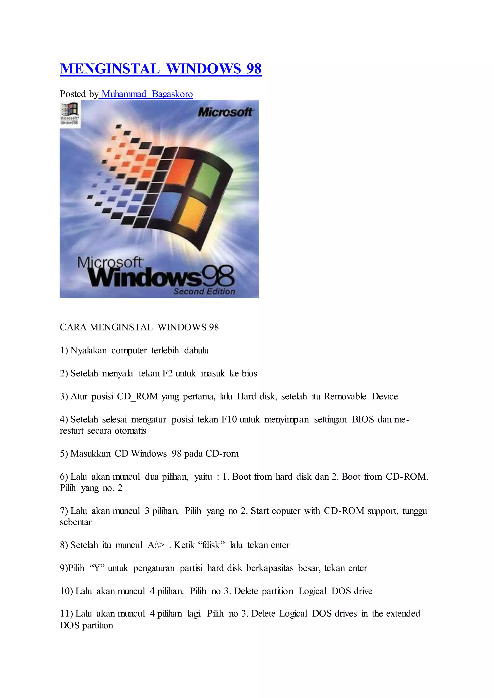 Cara Menginstalasi Windows 98 | PDF