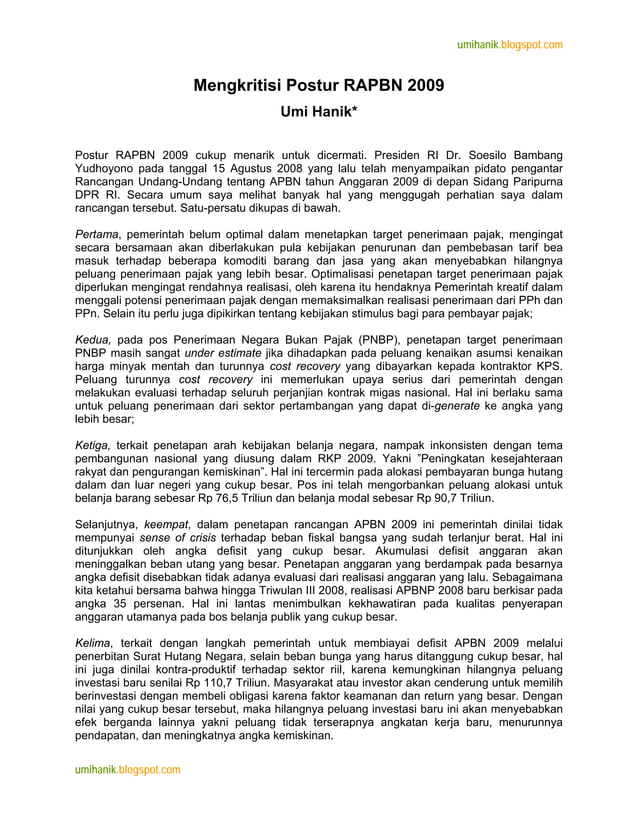 Mengkritisi postur rapbn 2009 umi hanik | PDF