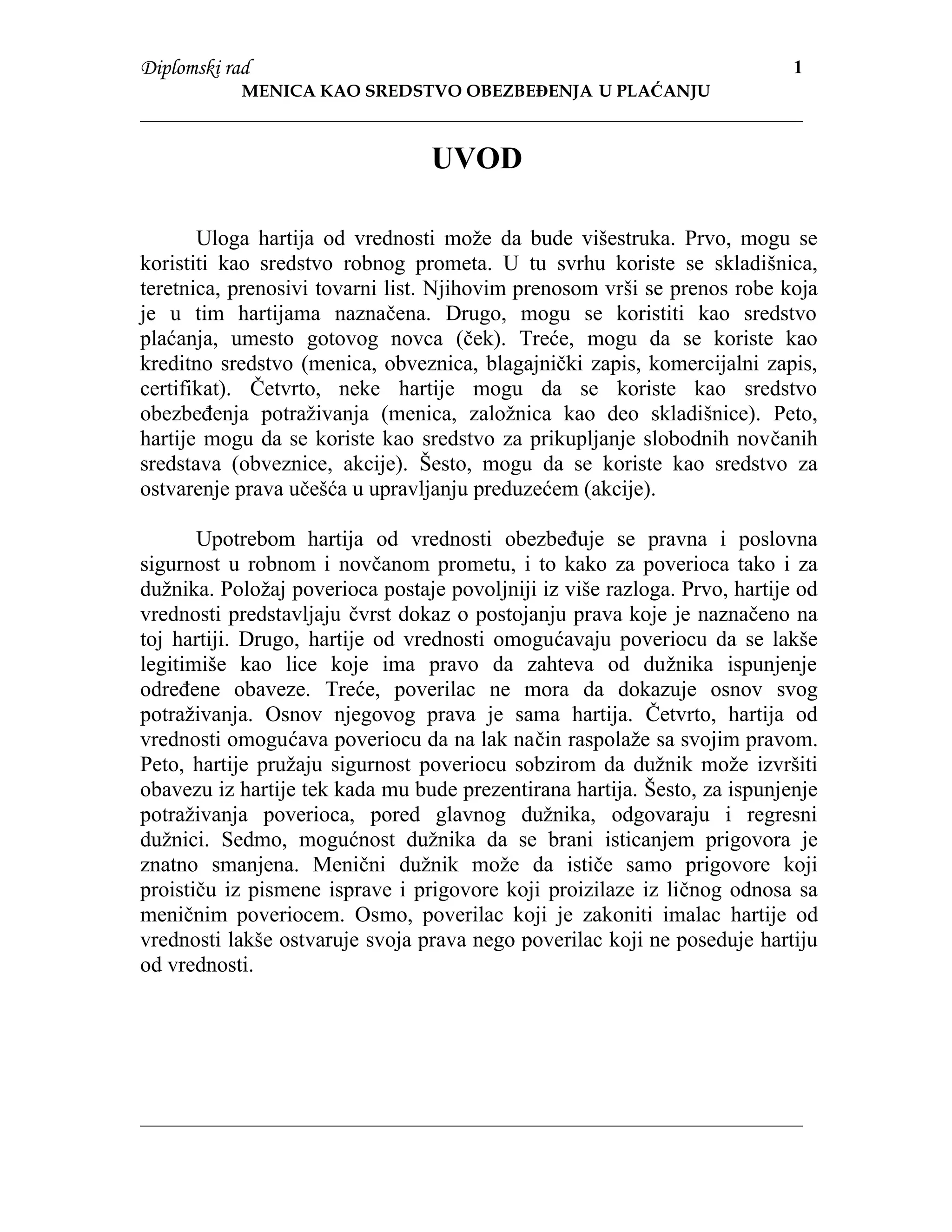 Menica kao sredstvo obezbedjivanja u placanju finansijsko bankarstvo ...