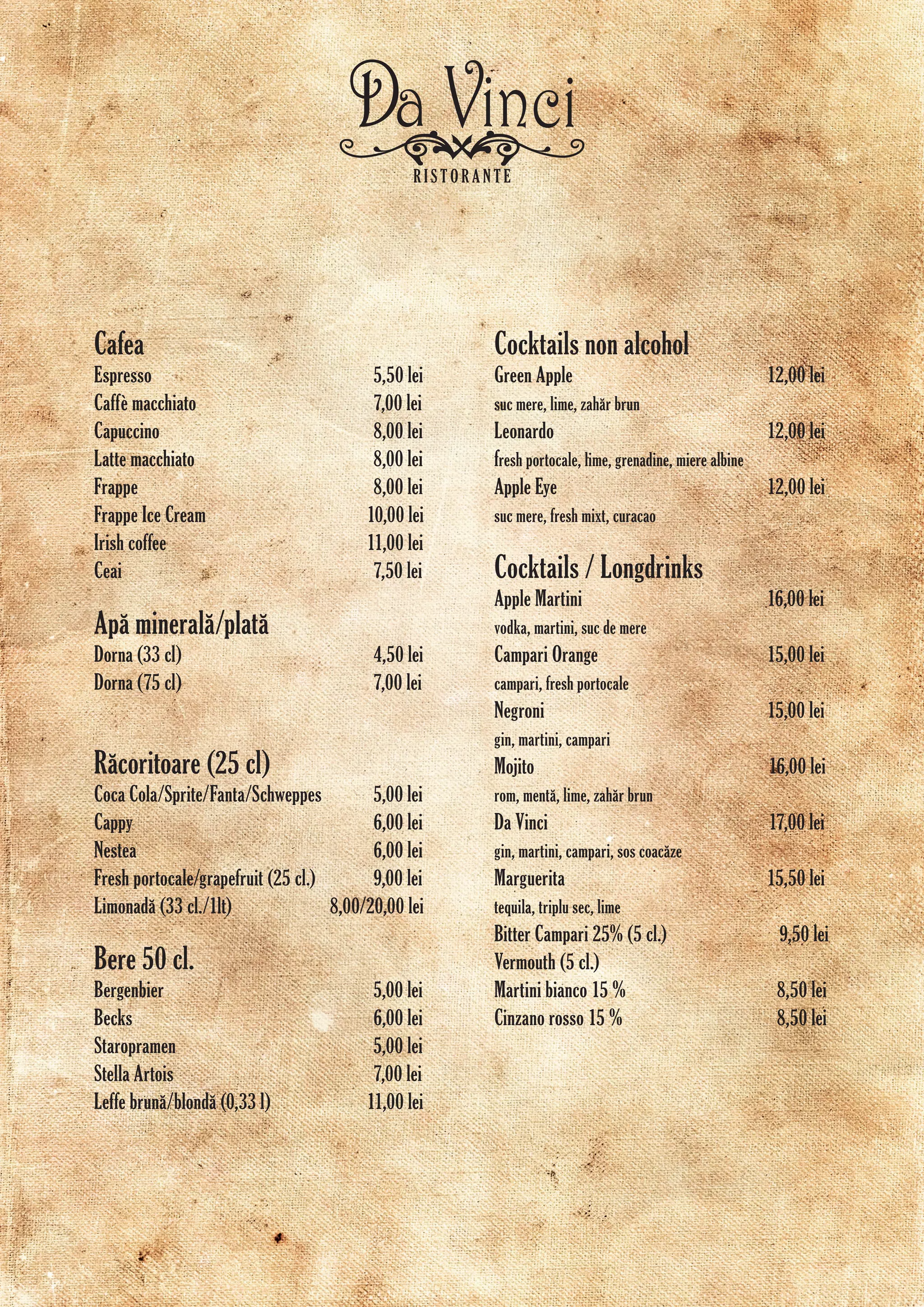 Meniu Ristorante Da Vinci Suceava | PDF