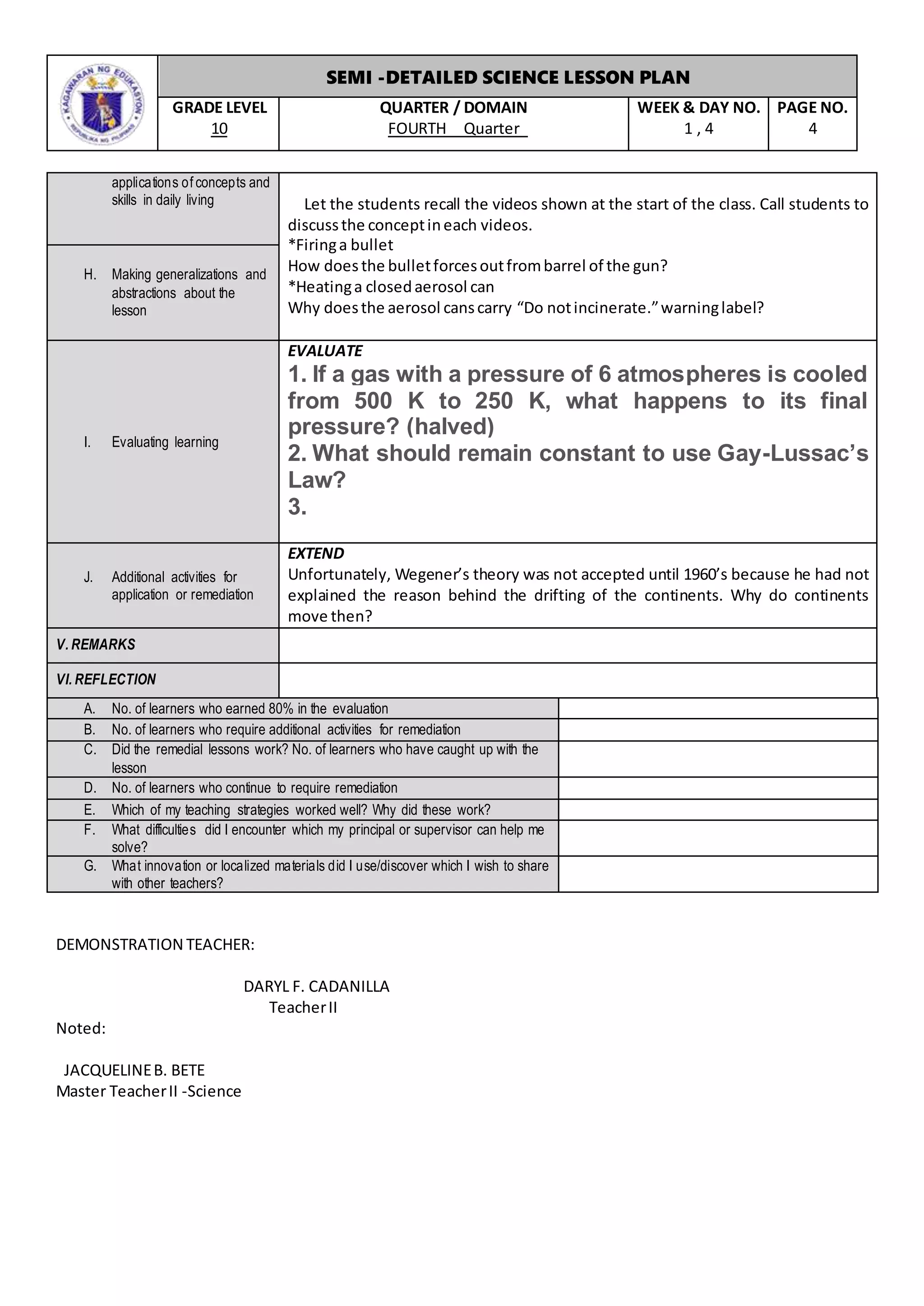 GAY LUSSAC'S LAW LESSON PLAN | DOCX
