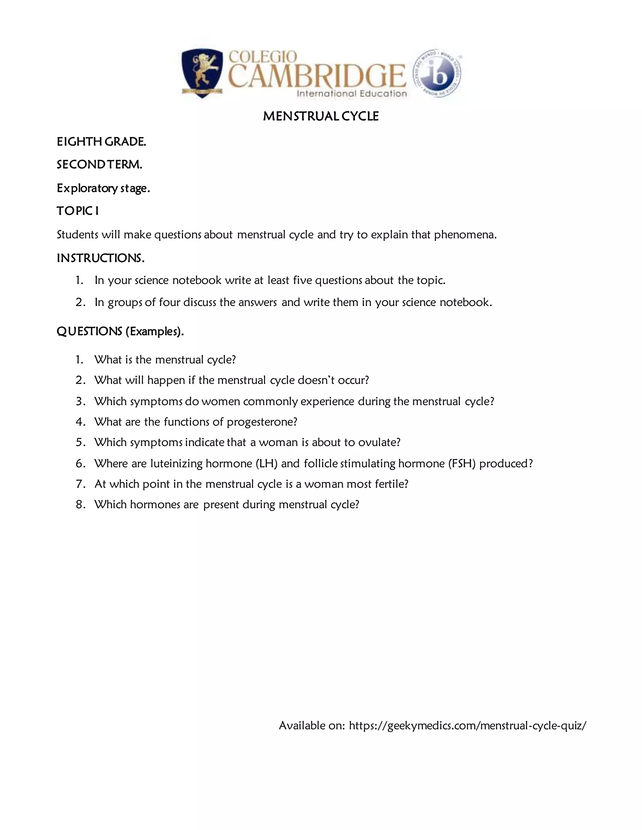 Menstrual cycle Reading Comprehension with Assessment Questions Answer ...