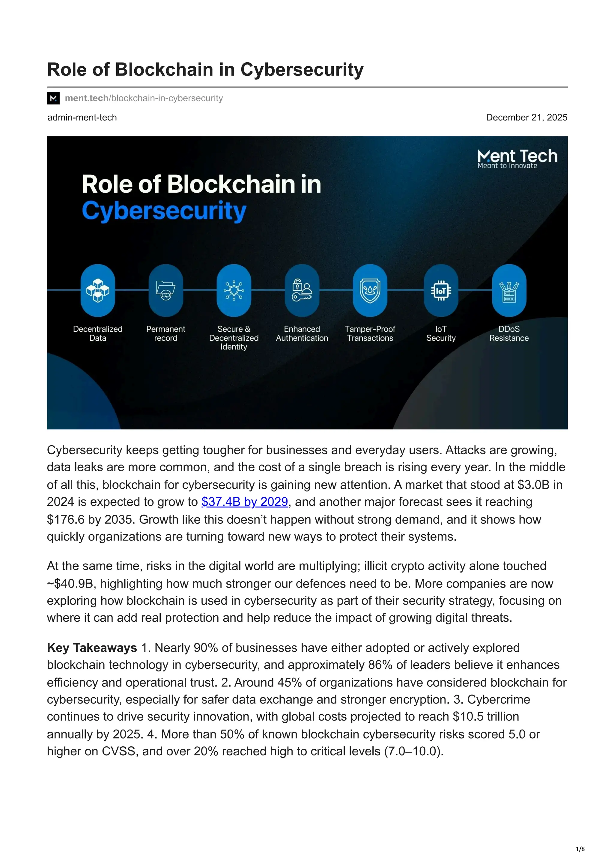 Role of Blockchain in Cybersecurity-Ment Tech Labs | PDF