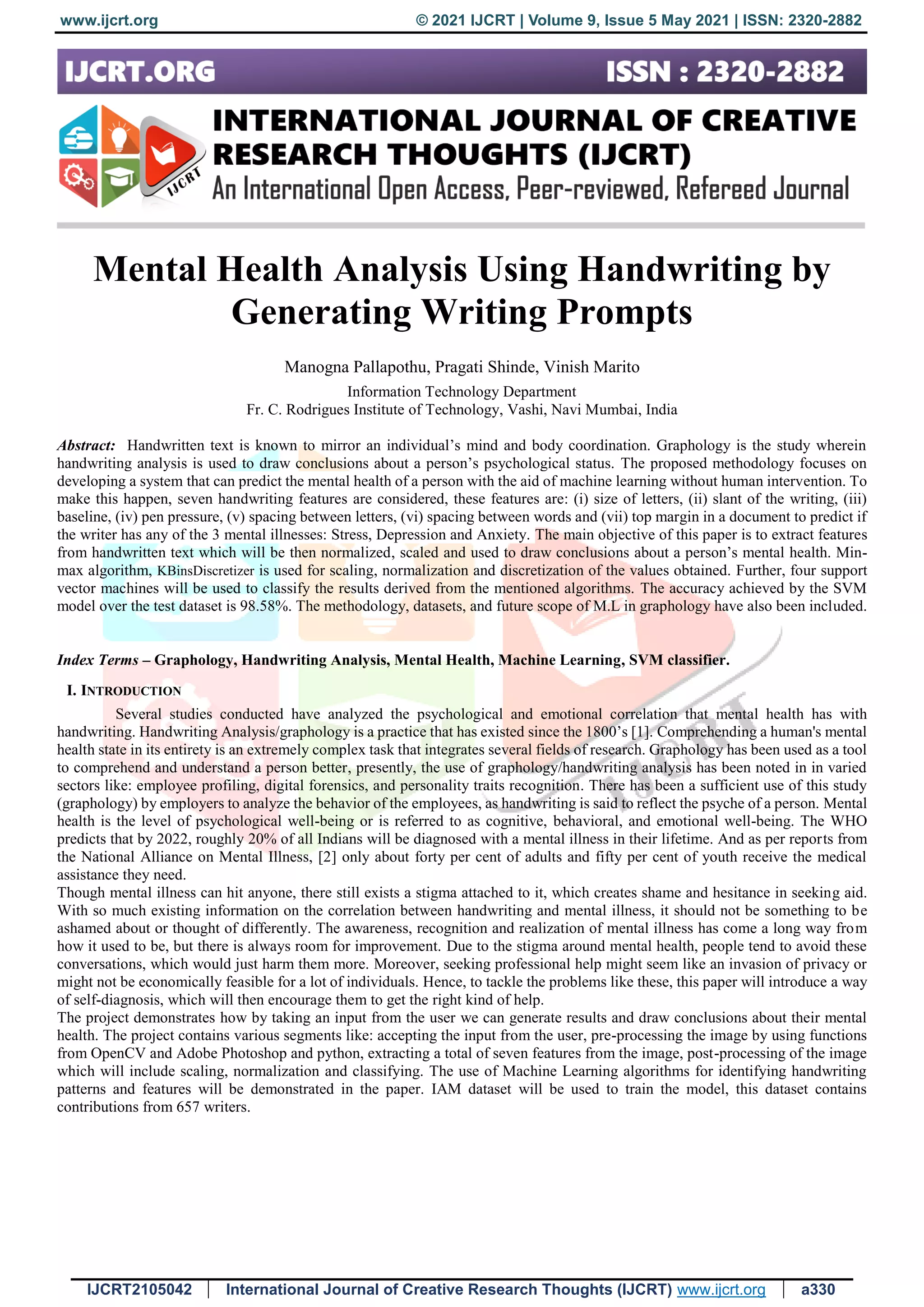 MENTAL HEALTH ANALYSIS USING HANDWRITING BY GENERATING WRITING PROMPTS ...