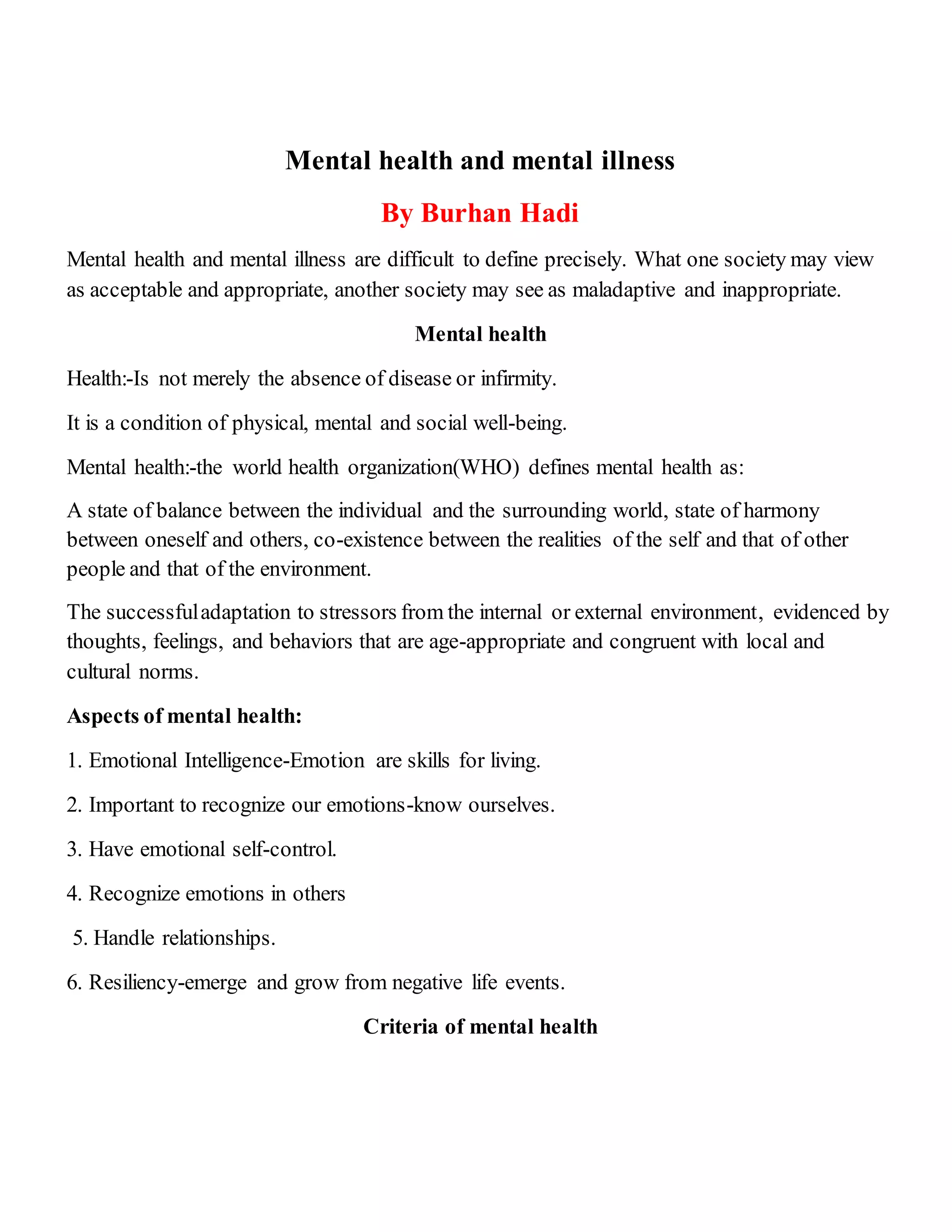 Mental health and mental illness | PDF