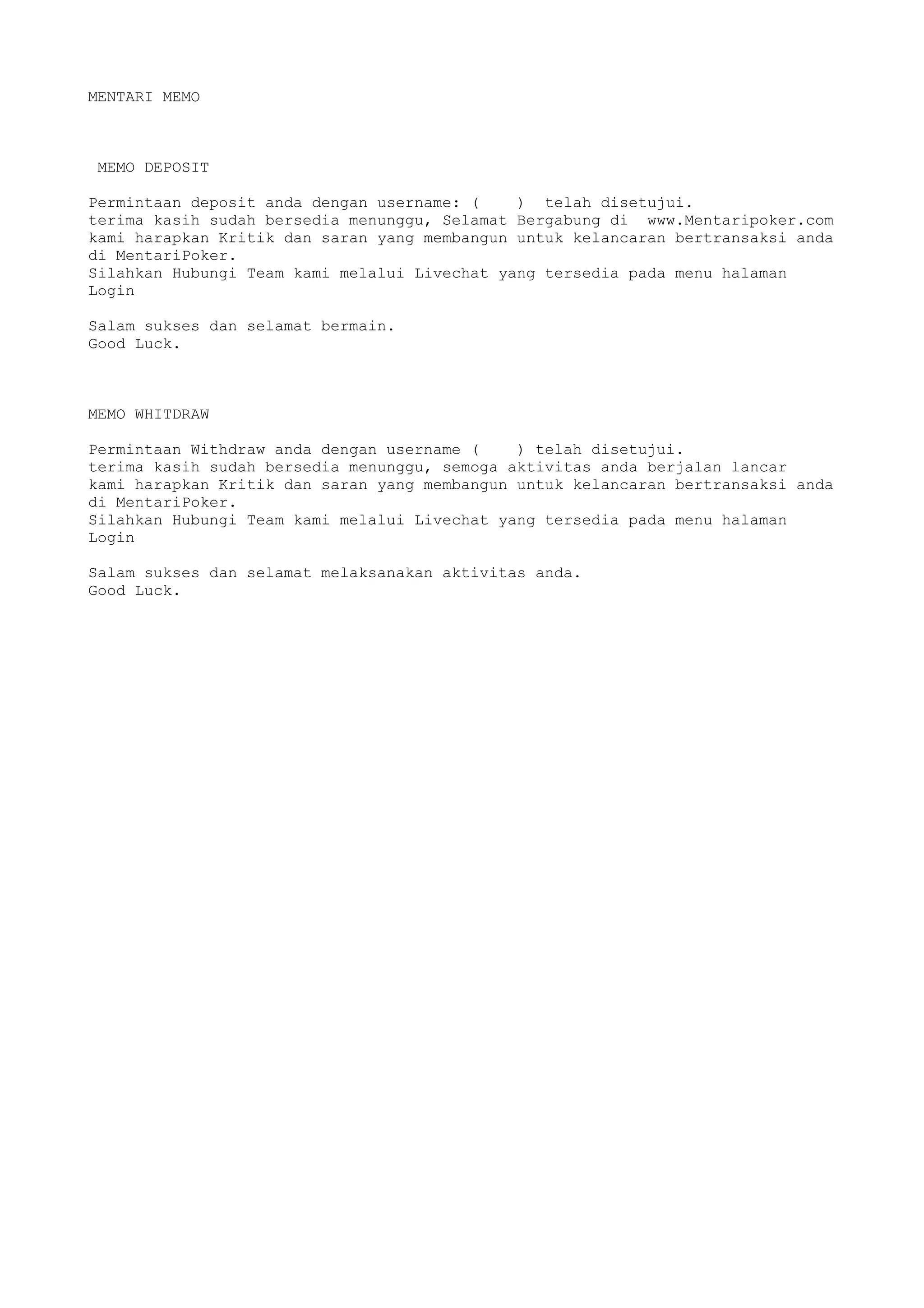 Mentari poker memo | TXT