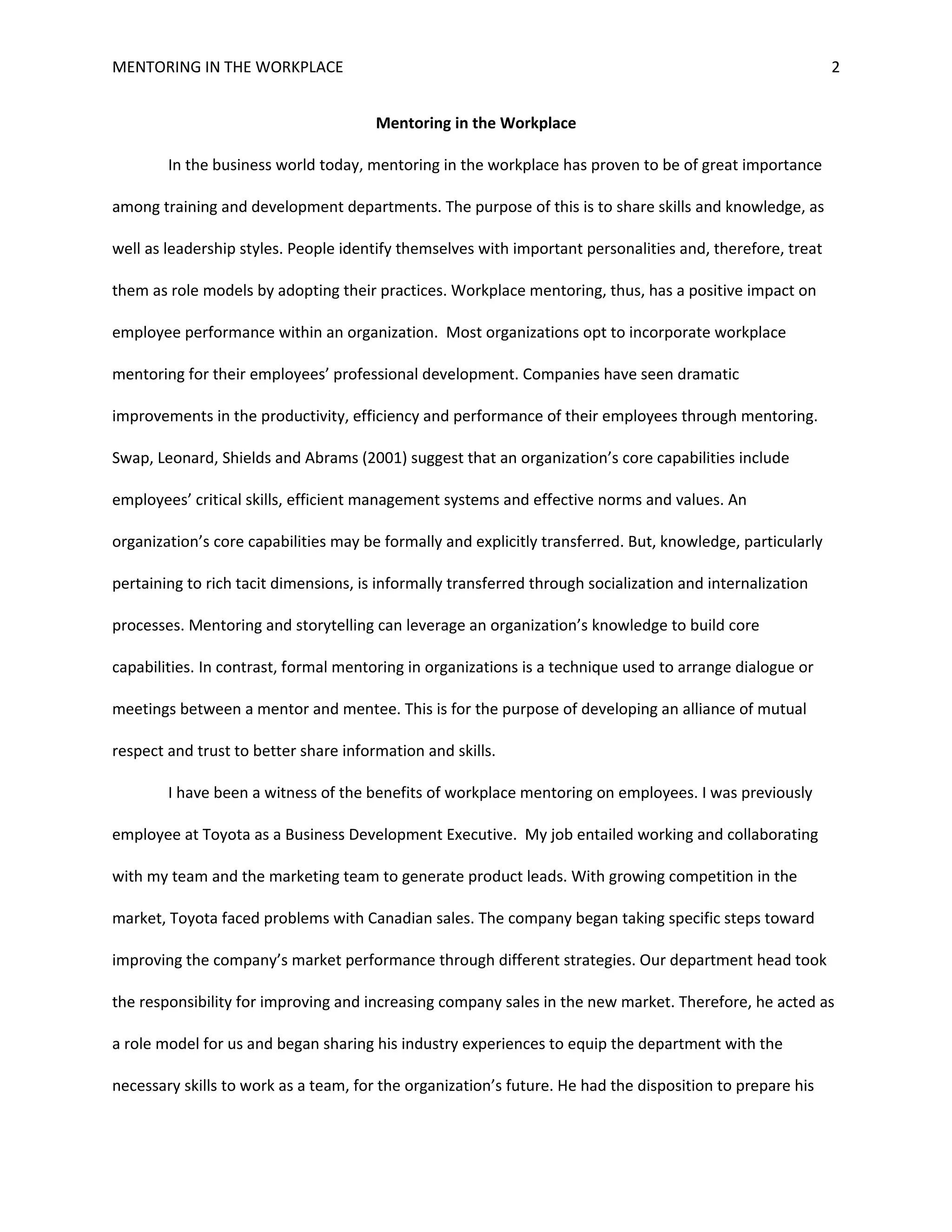 Mentoring in the workplace Essay Sample | PDF