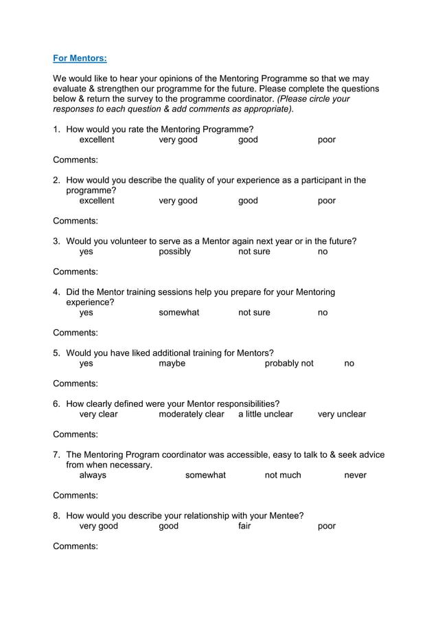 Free - Mentoring Programme Evaluation Questionnaire | PDF | Physical ...
