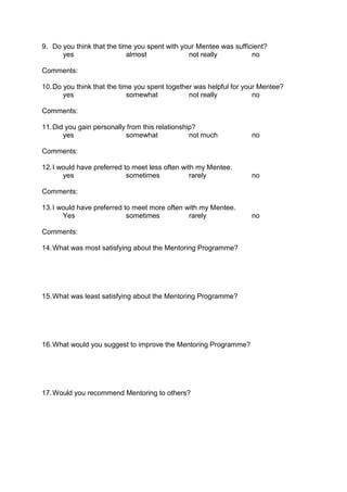Free - Mentoring Programme Evaluation Questionnaire | PDF