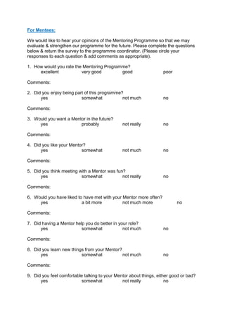 Free - Mentoring Programme Evaluation Questionnaire | PDF