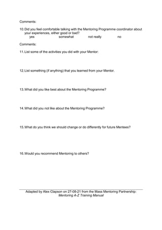 Free - Mentoring Programme Evaluation Questionnaire | PDF