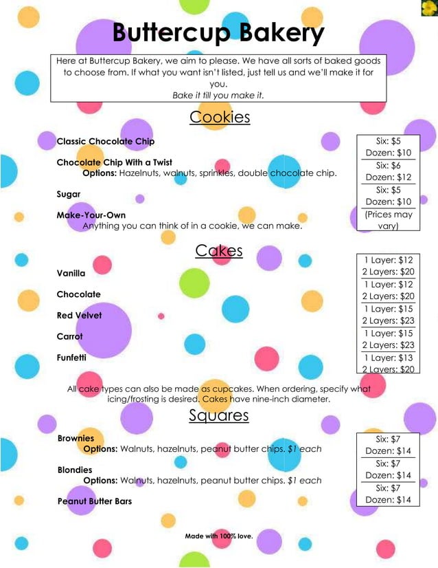Buttercup Bakery Menu | DOCX