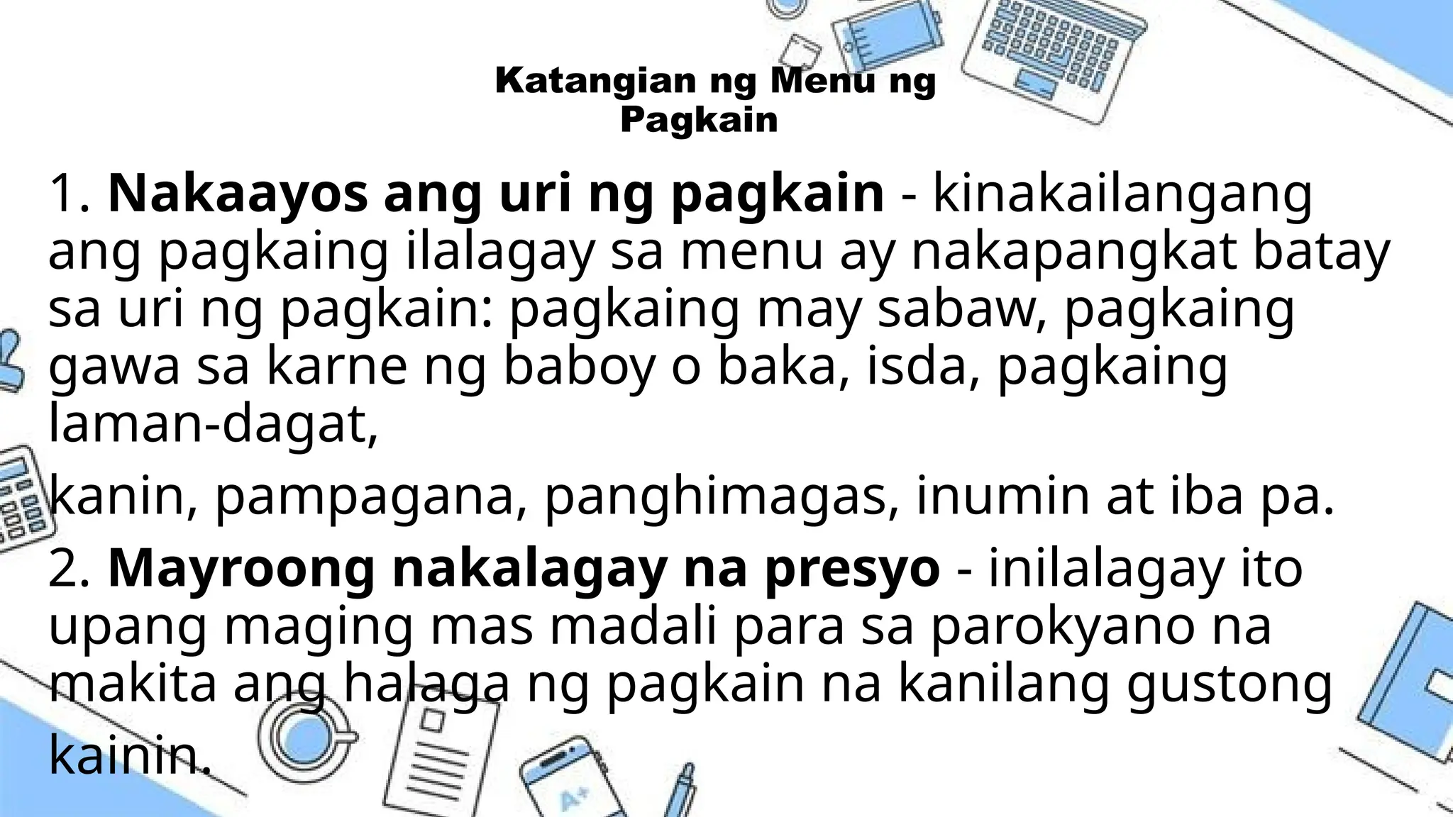 ARALIN SA PILING LARANG TEKBOK MENU ng PAGKAIN | PPTX