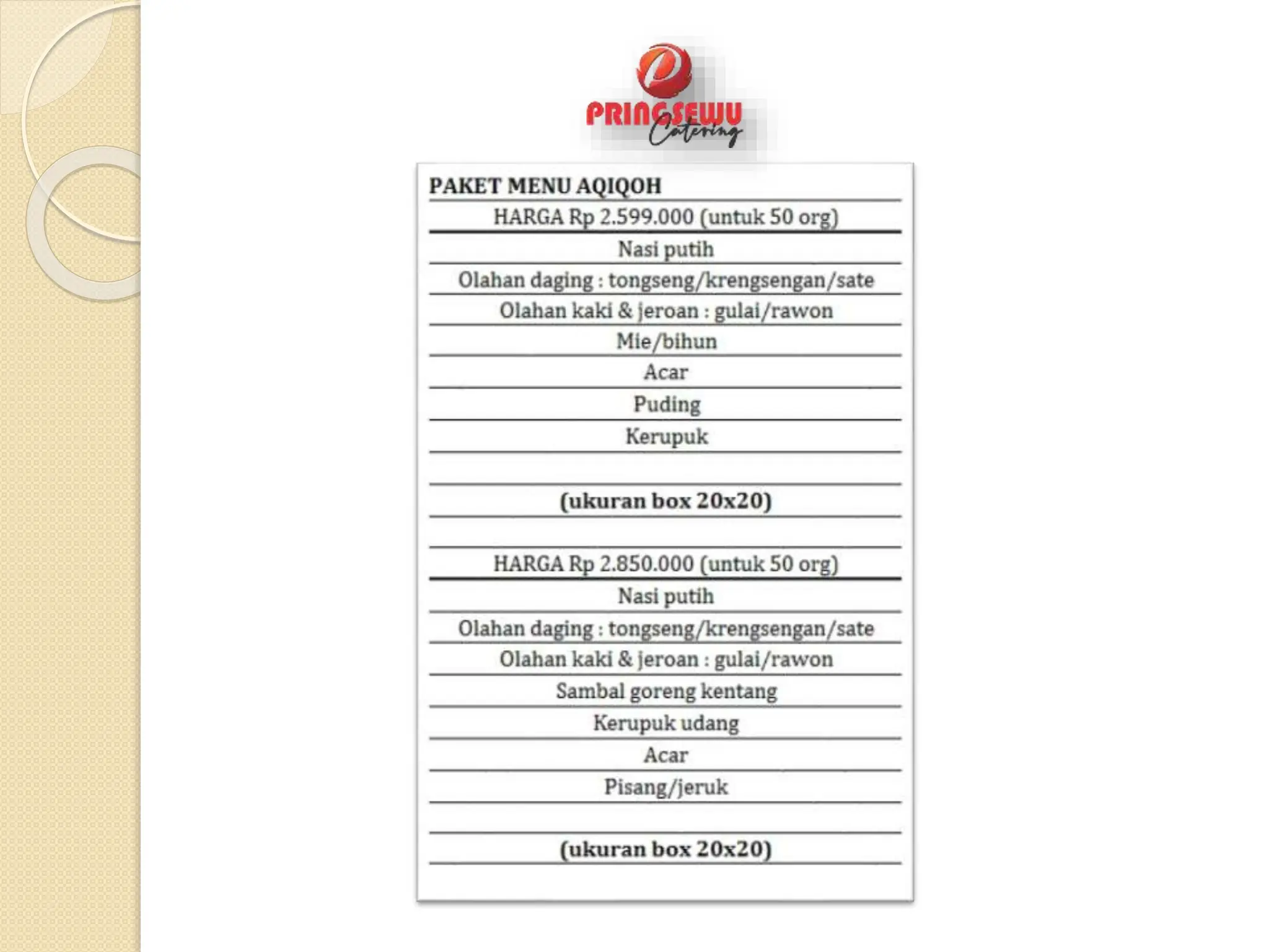 Daftar Menu-Catering restoran pringsewu untuk umum | PPT