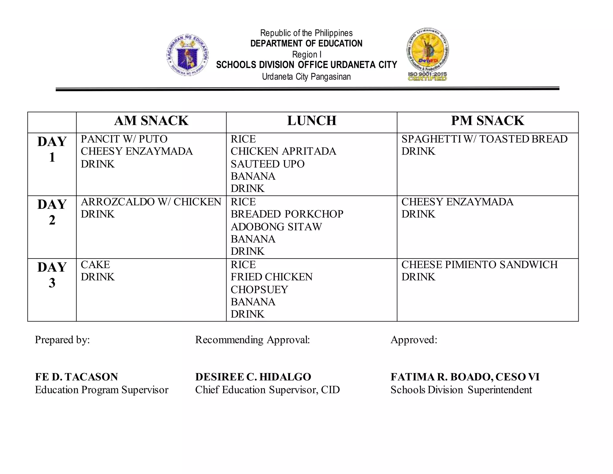 Menu for training | DOCX