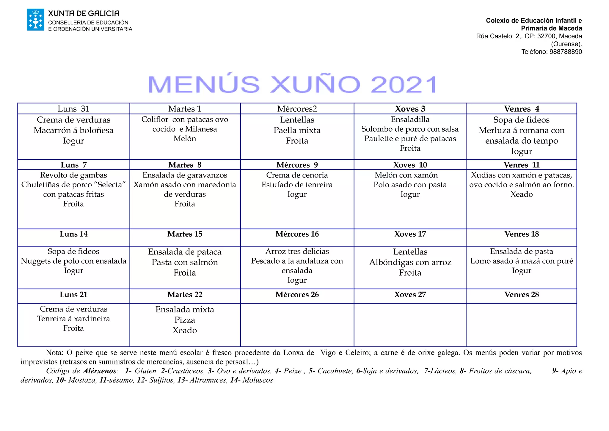MENÚ ESCOLAR XUÑO_ 2021 | PPT