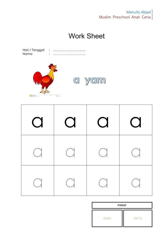 Menulis Abjad untuk Siswa PG dan TK A, digunakan dalam lingkungan sendiri (Muslim Preschool Anak ...