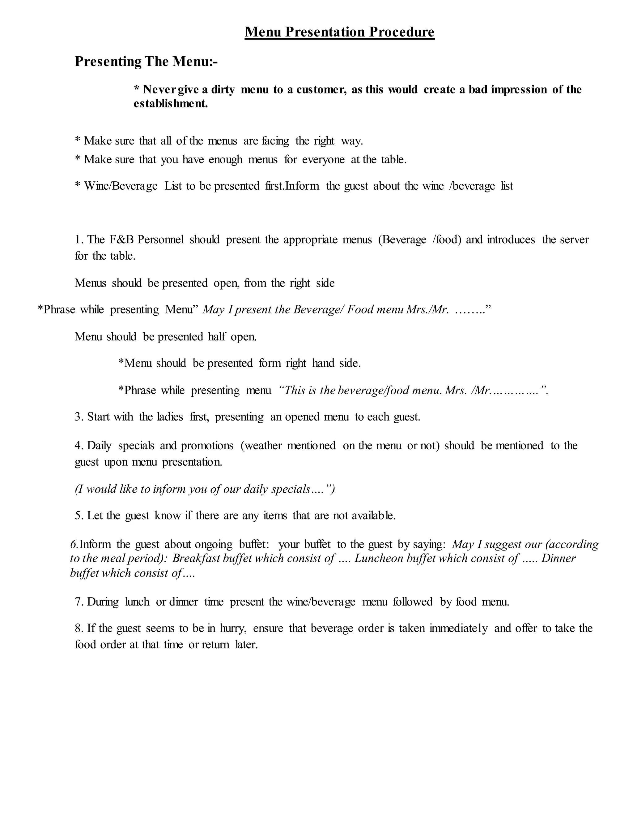 Menu presenting | DOCX