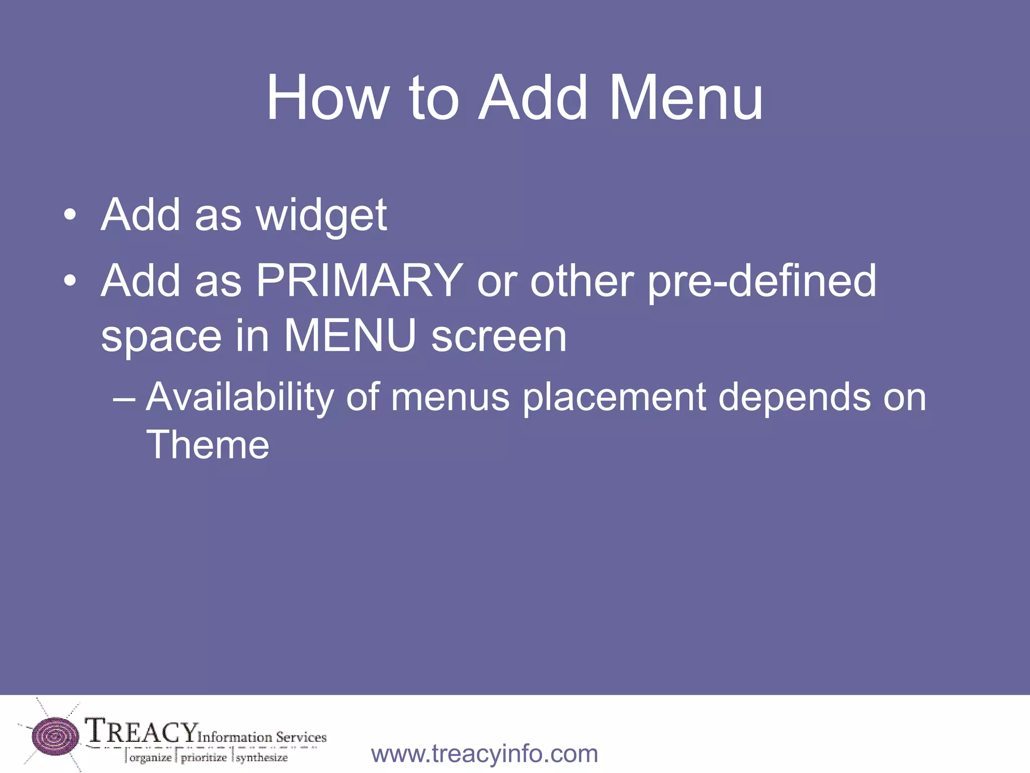WordPress Menus, Settings & Links | PPT