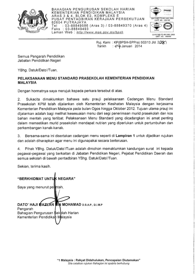 Menu Standard Prasekolah KPM | PDF