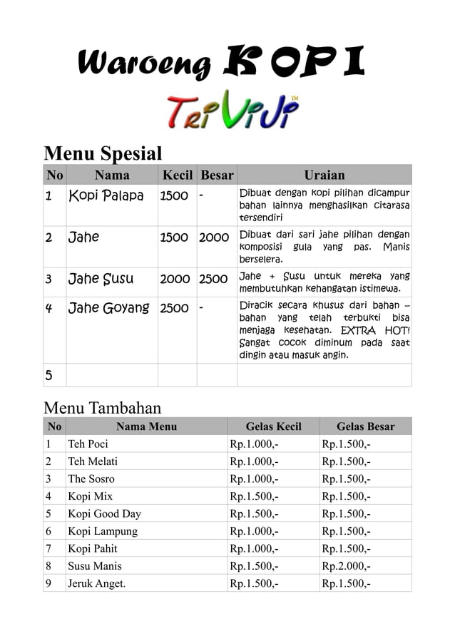 Menu waroeng kopi_triviji | PDF