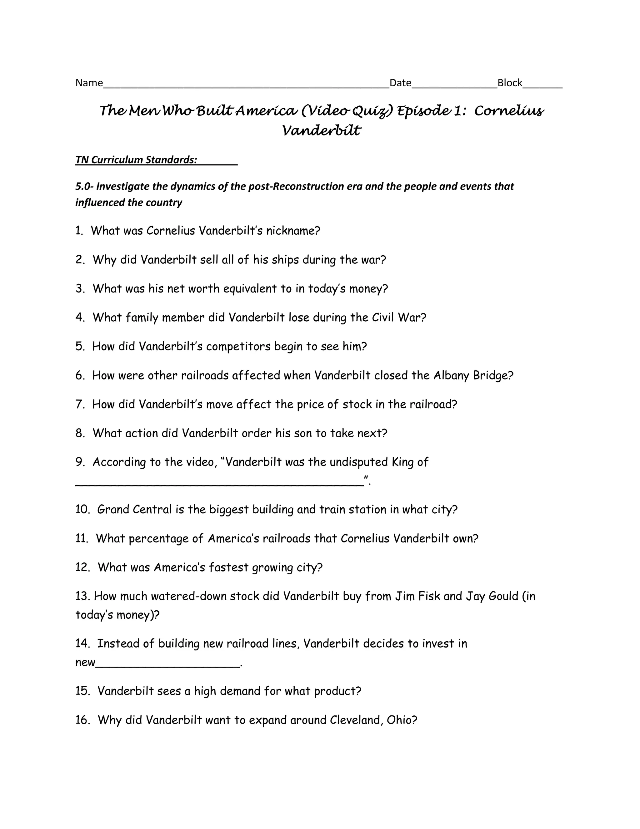 Men who built america cornelius vanderbilt | DOCX