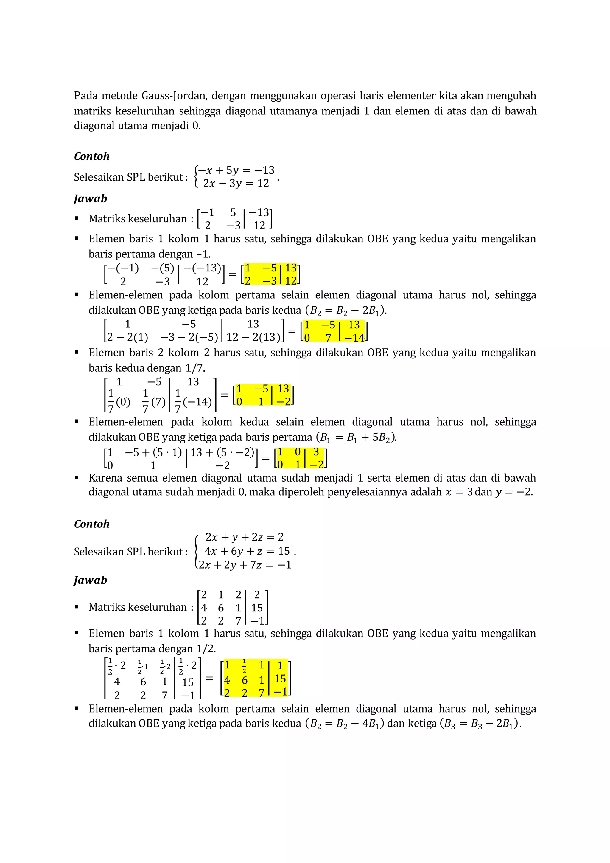 Menyelesaikan sistem persamaan linear dengan operasi baris elementer | DOCX