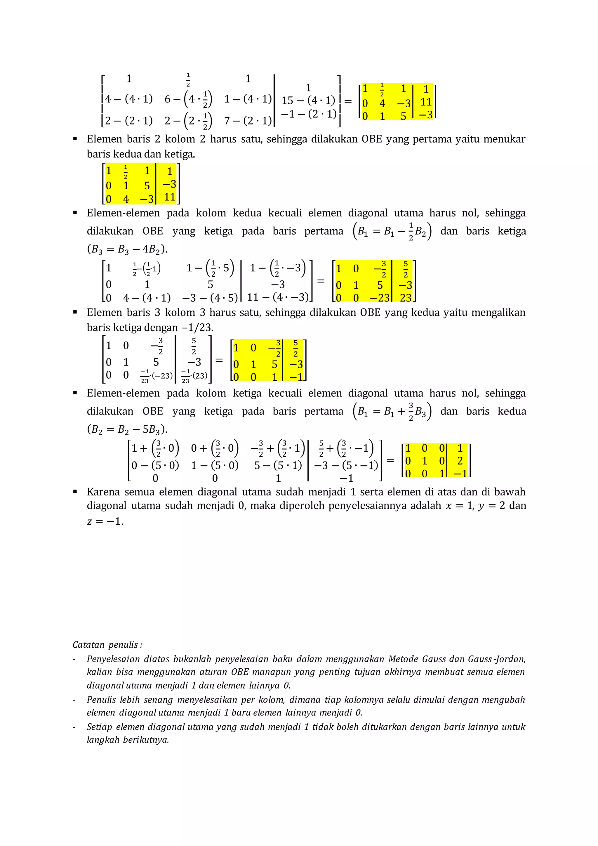 Menyelesaikan sistem persamaan linear dengan operasi baris elementer | DOCX