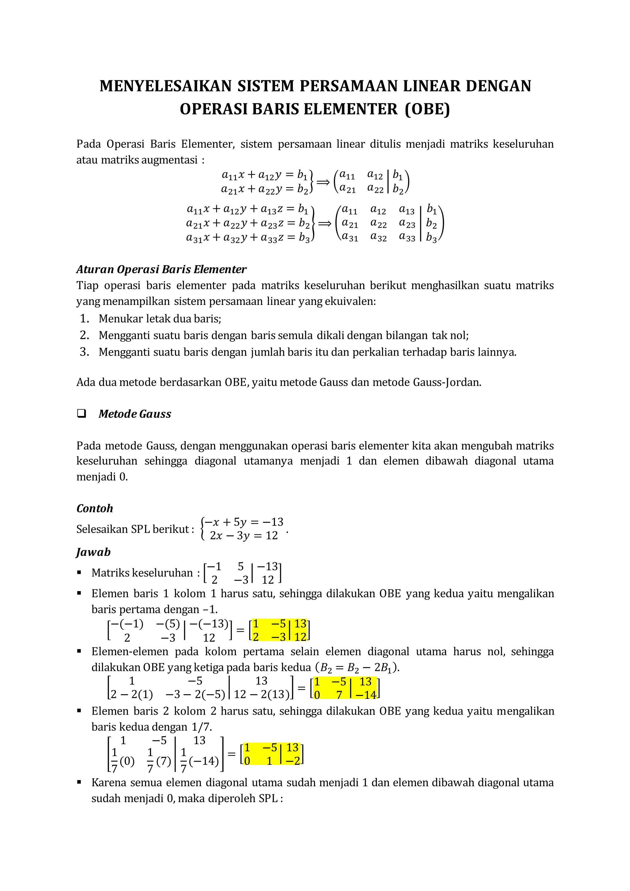 Menyelesaikan sistem persamaan linear dengan operasi baris elementer | PDF