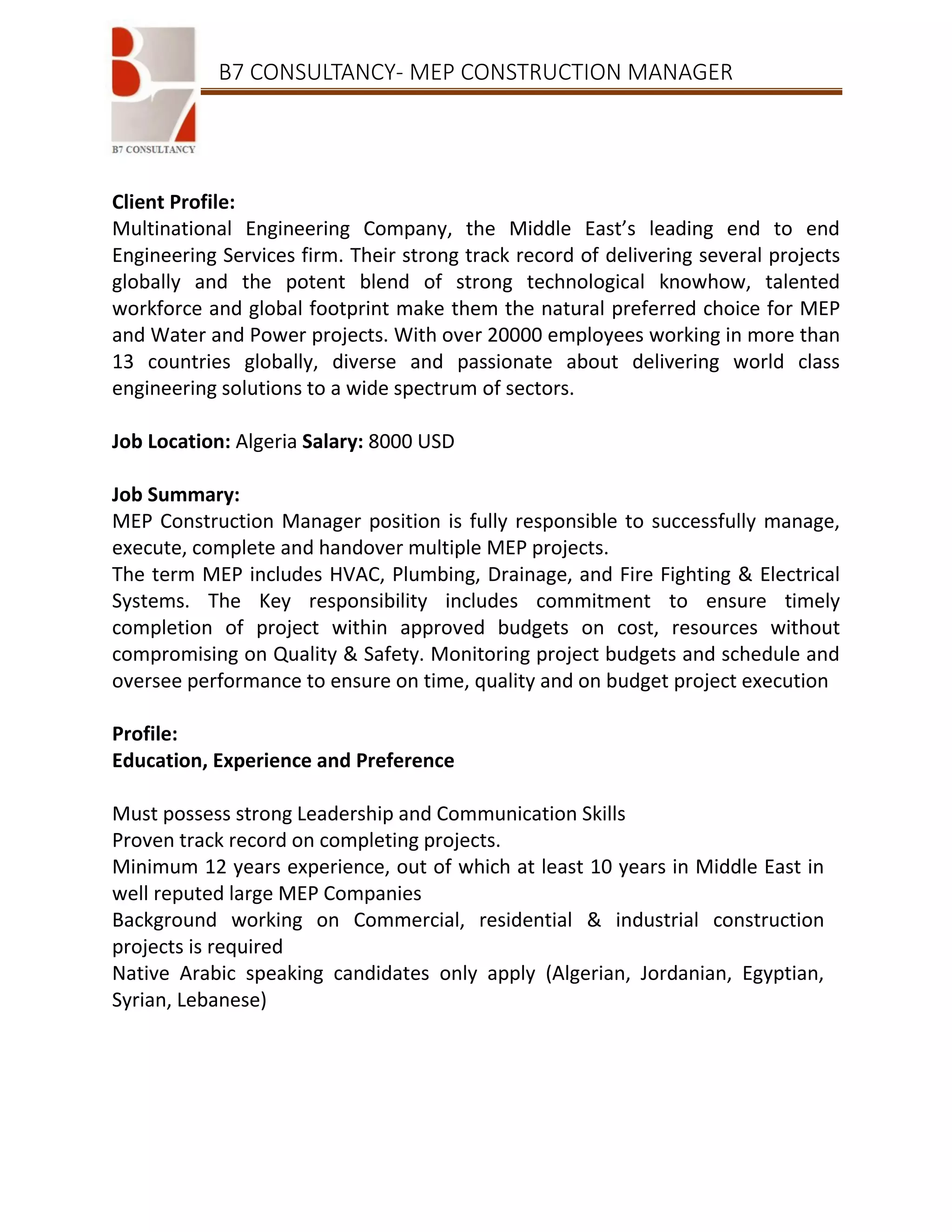 MEP Construction Manager - JD | PDF