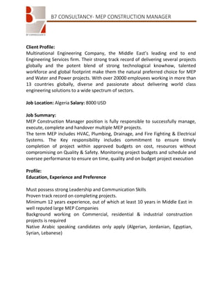 MEP Construction Manager - JD | PDF